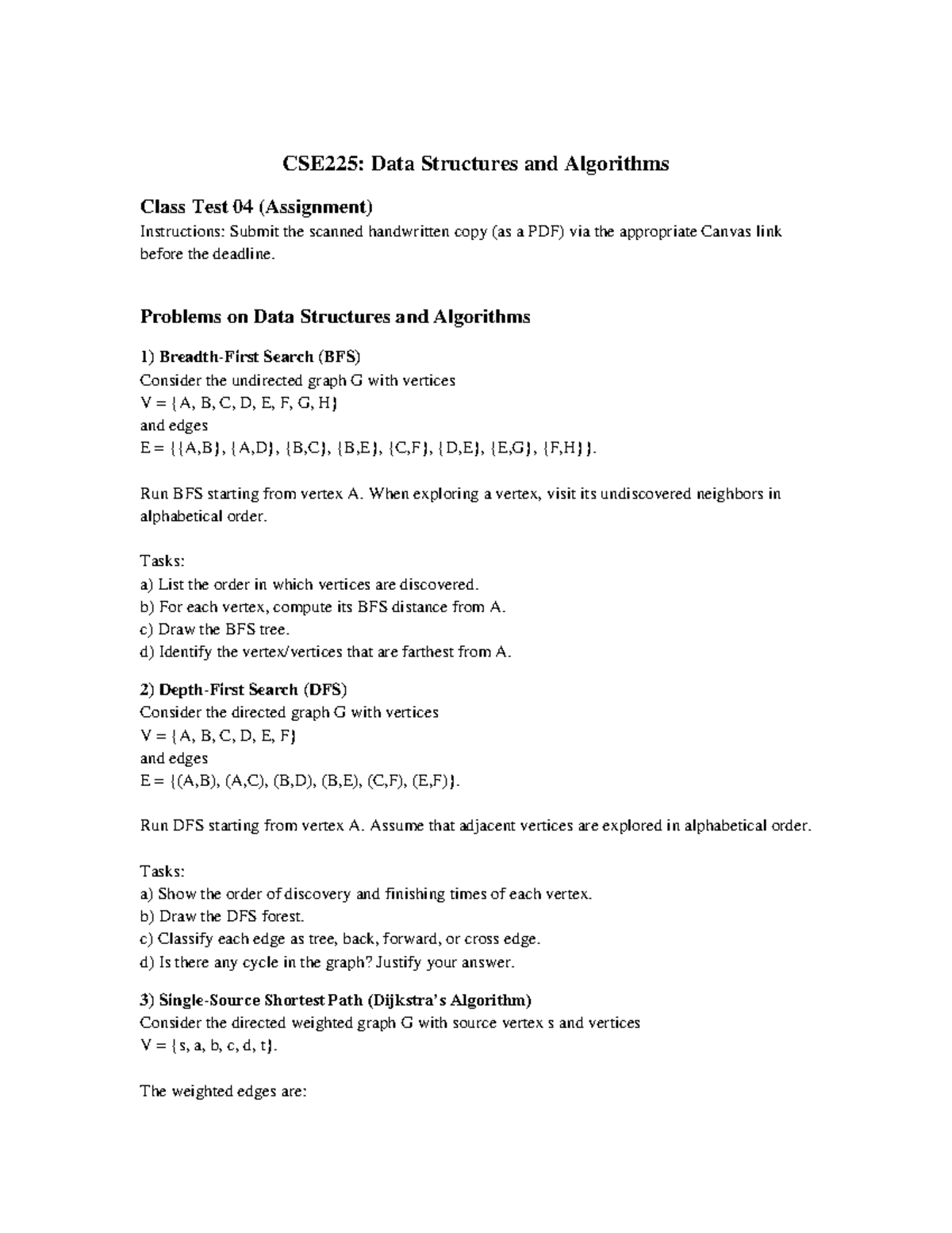 CSE225: Data Structures & Algorithms Class Test 04 Instructions - Studocu