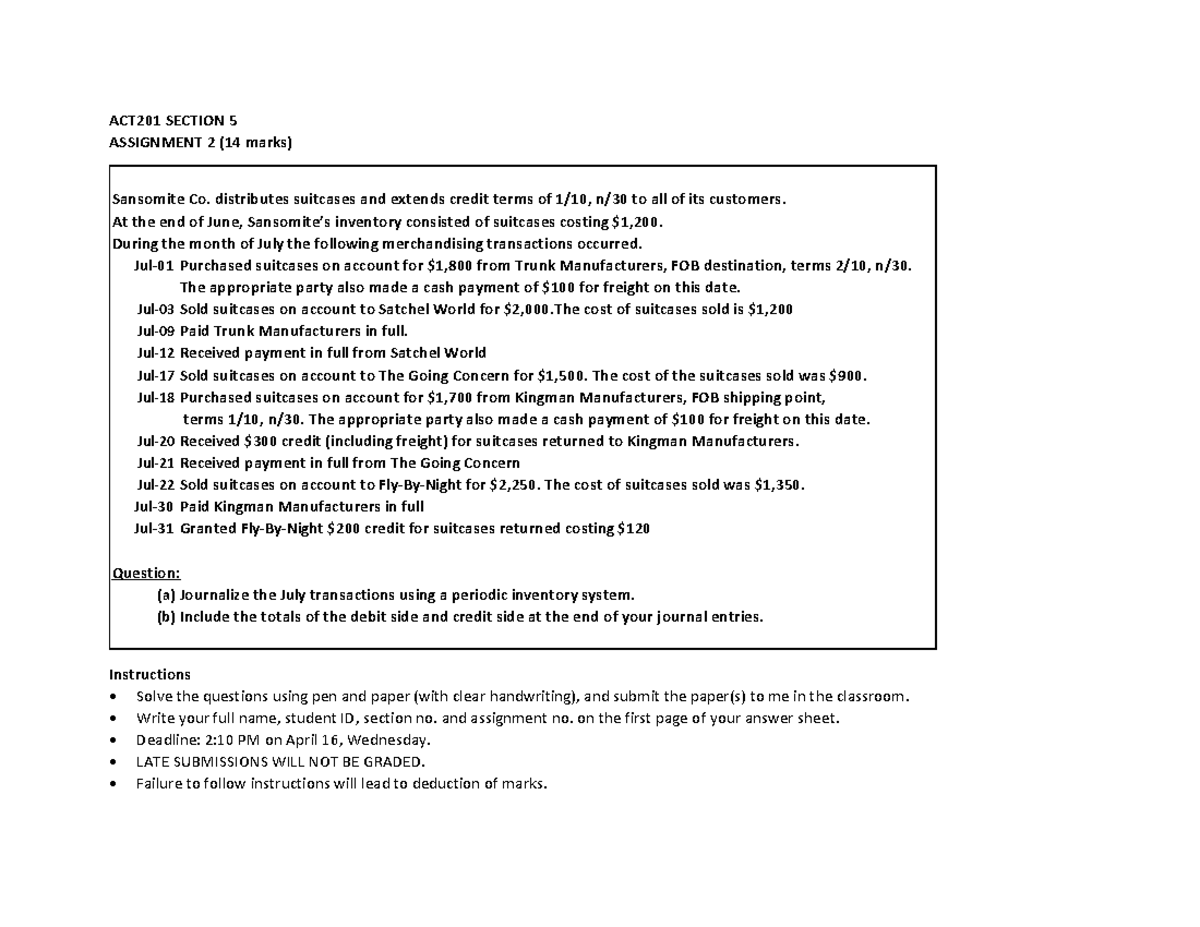 ACT201 S5 Assignment 2: July Transactions Journal Entries - Studocu