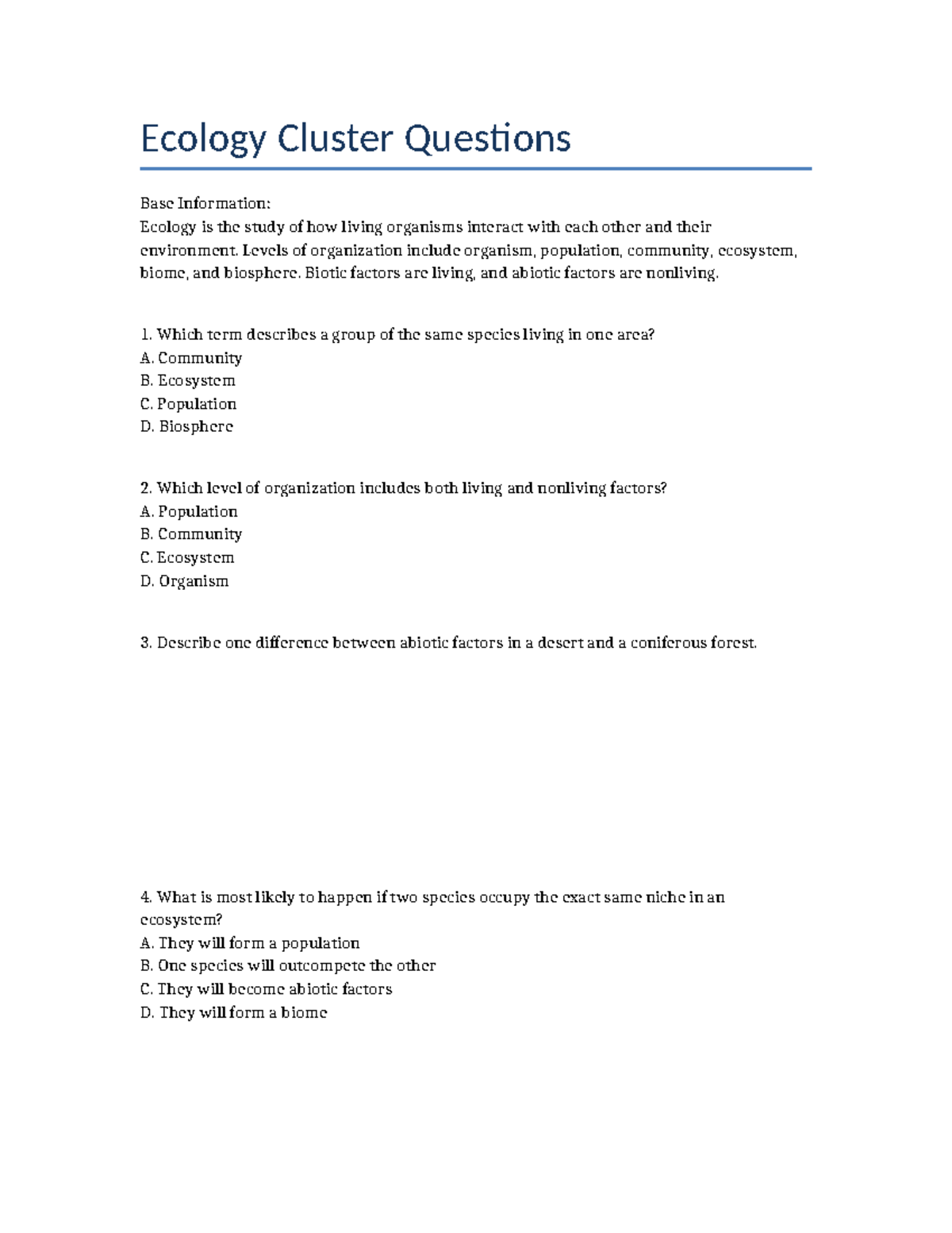 Ecology Cluster Questions: Understanding Organisms & Their Environment ...