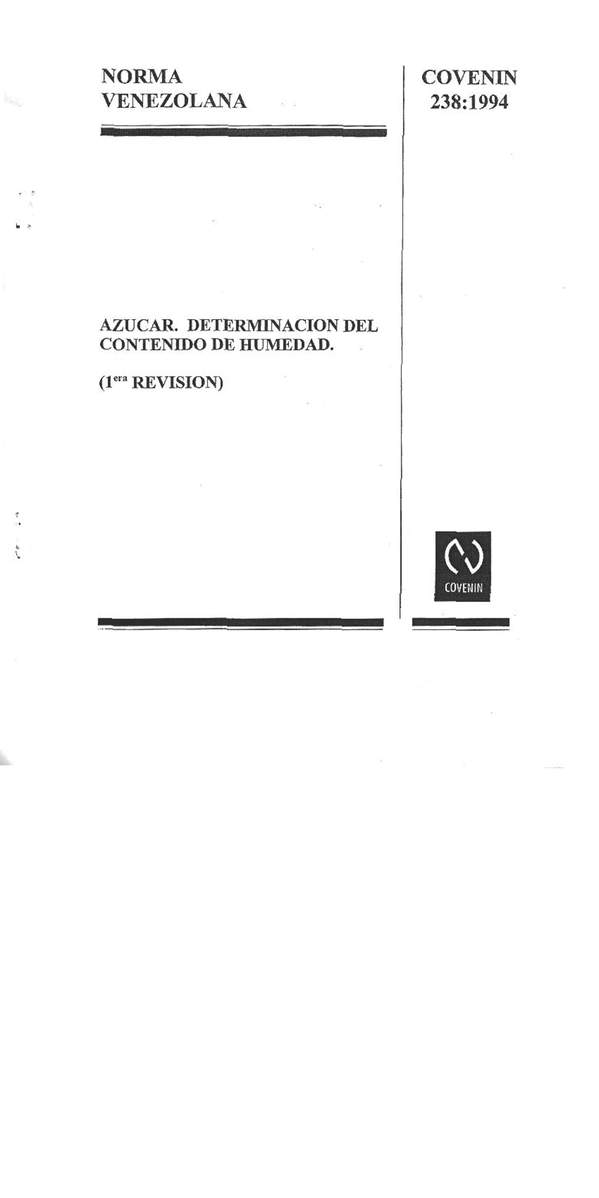 COVENIN 238-94: Método para Determinación de Humedad en Azúcar - Studocu