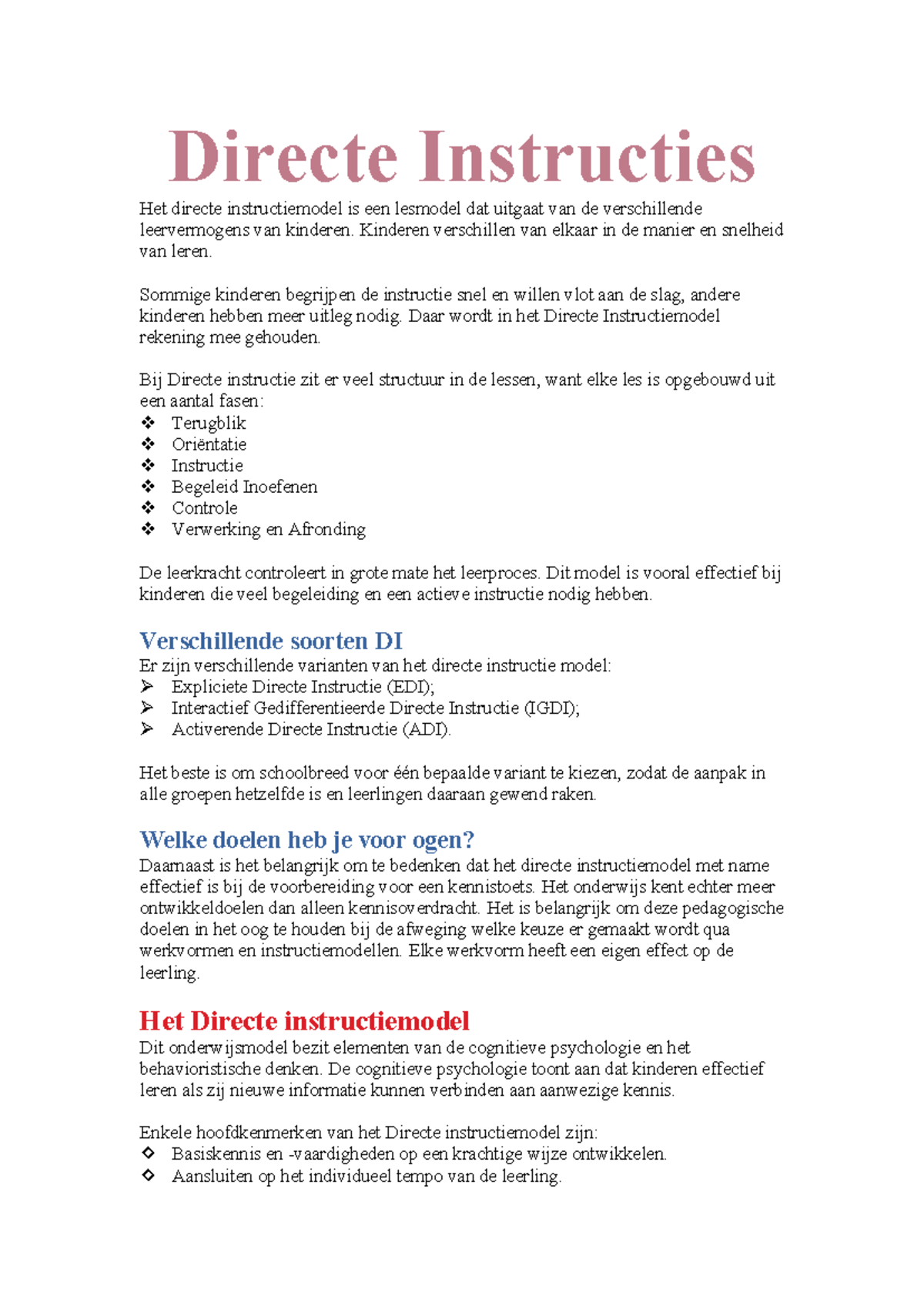 Directe Instructies: Effectieve Lesmethoden voor Onderwijs - Studocu