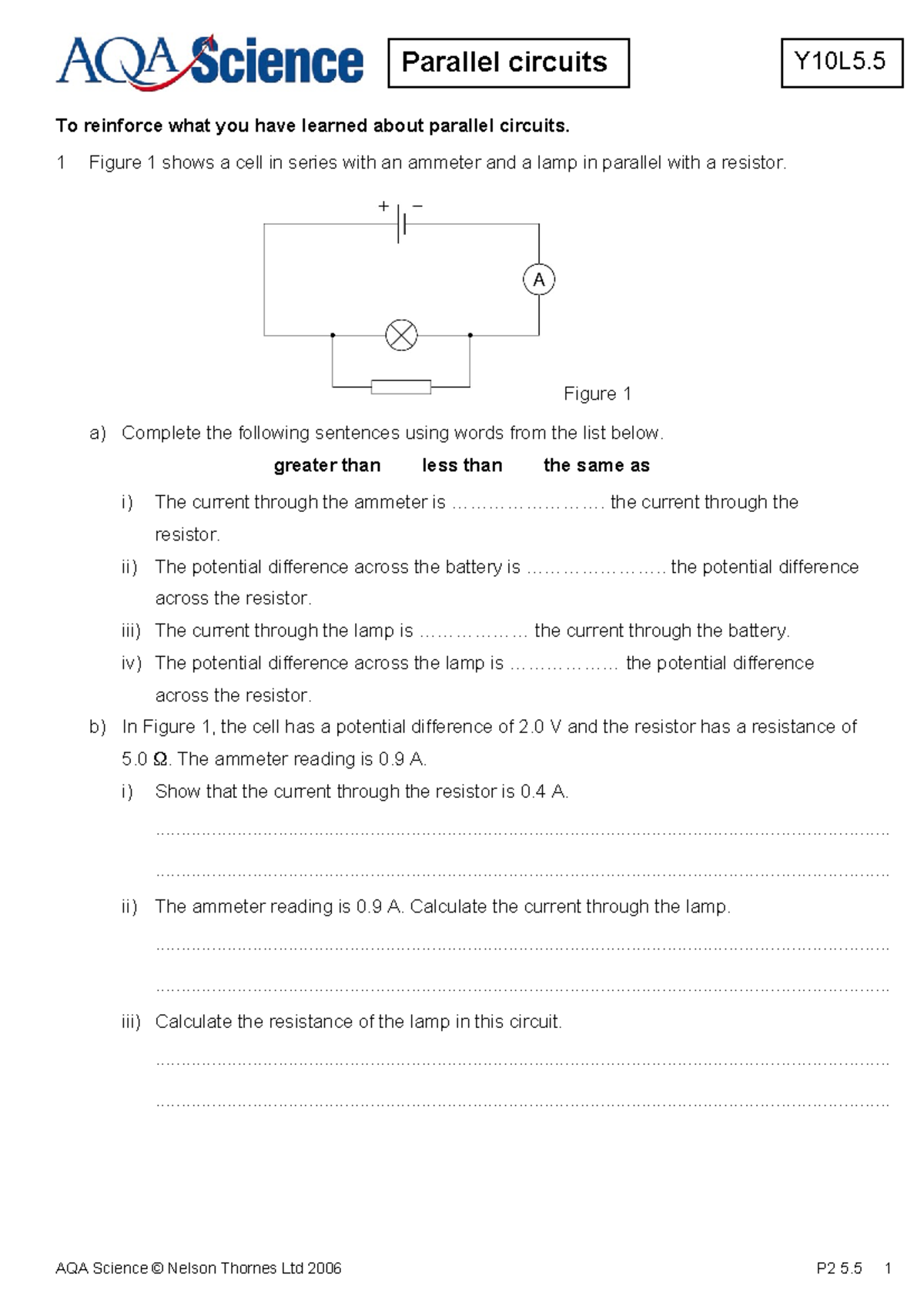 Y10L5.5 Parallel Circuits: Question Exercise and Solutions - Studocu