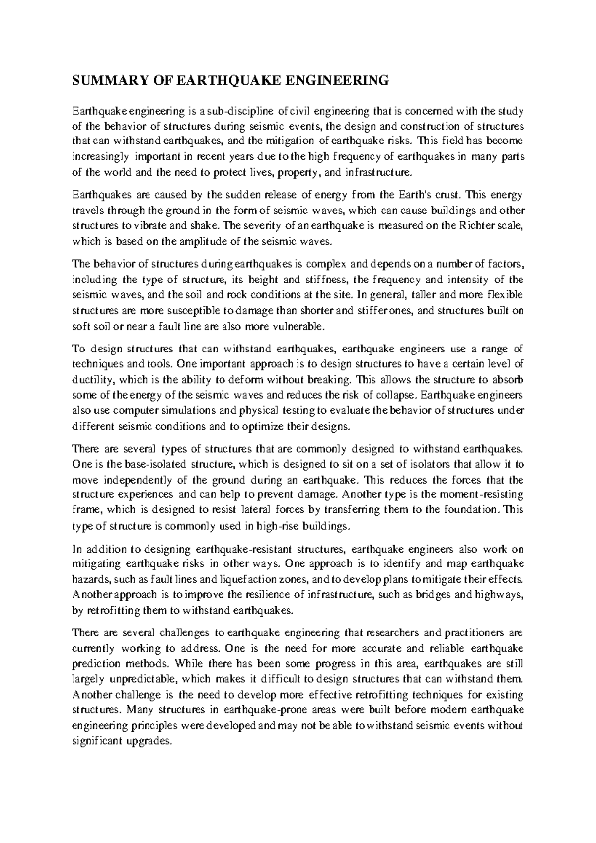 Summary of Earthquake Engineering - SUMMARY OF EARTHQUAKE ENGINEERING ...