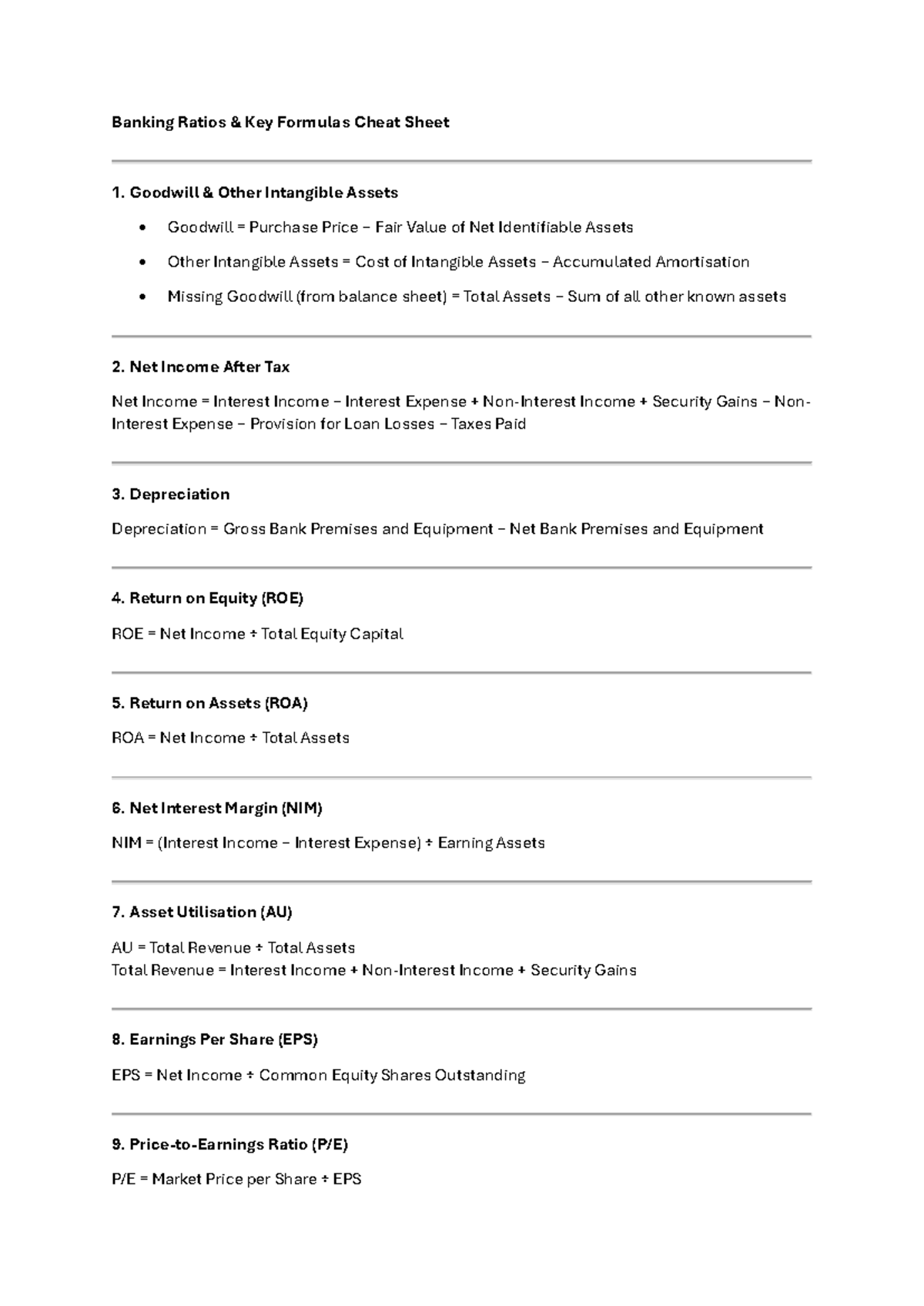 Banking Ratios Formulas Cheat Sheet for Chapters 5 & 6 - Studocu