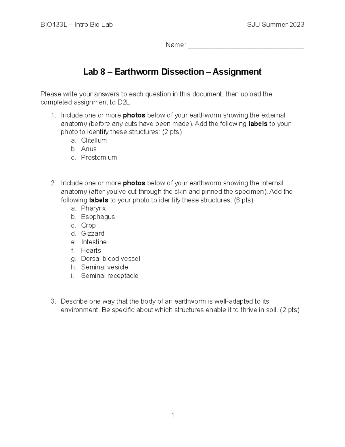 BIO133L - Lab 8: Earthworm Dissection Assignment Summer 2023 - Studocu