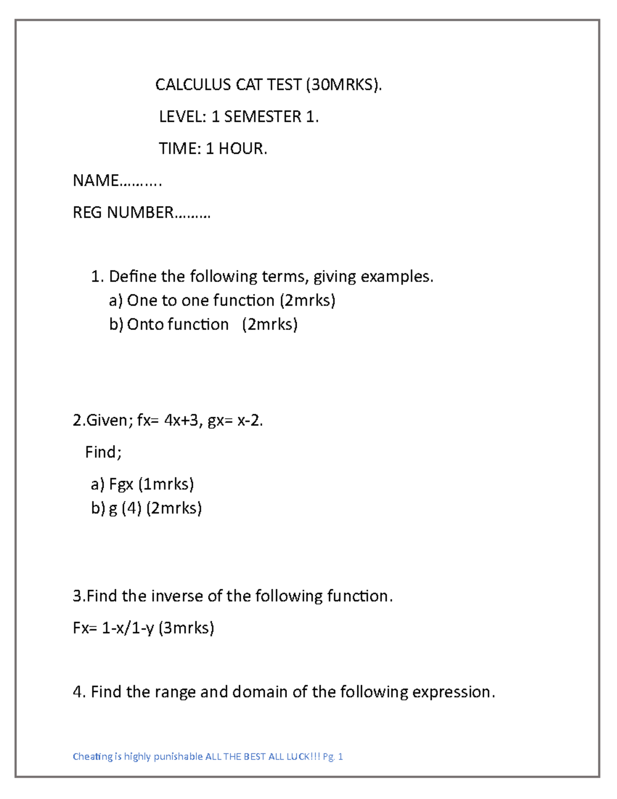 Calculus TEST by Robert - CALCULUS CAT TEST (30MRKS). LEVEL: 1 SEMESTER ...