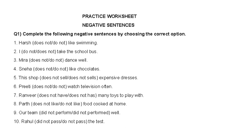 Negative Sentences Practice Worksheet - Q1 & Q2 - Studocu