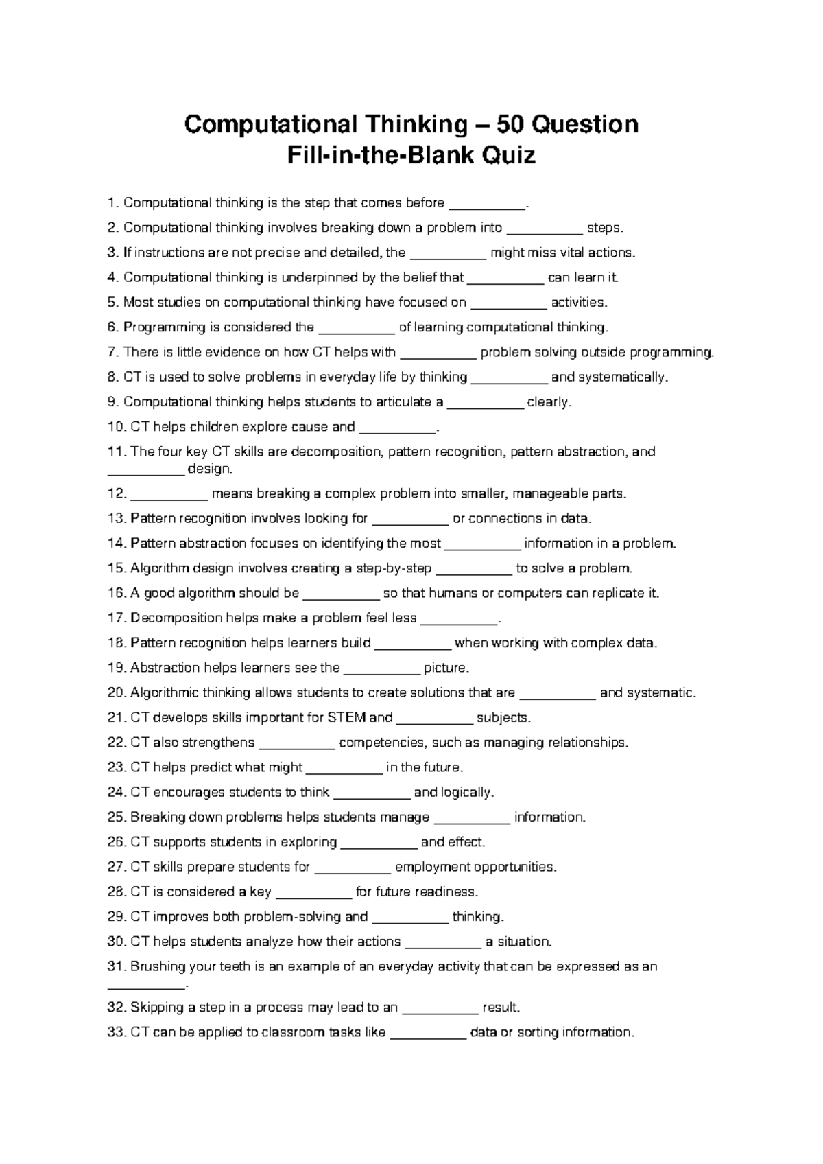 CT 50 Question Quiz: Understanding Computational Thinking - Studocu