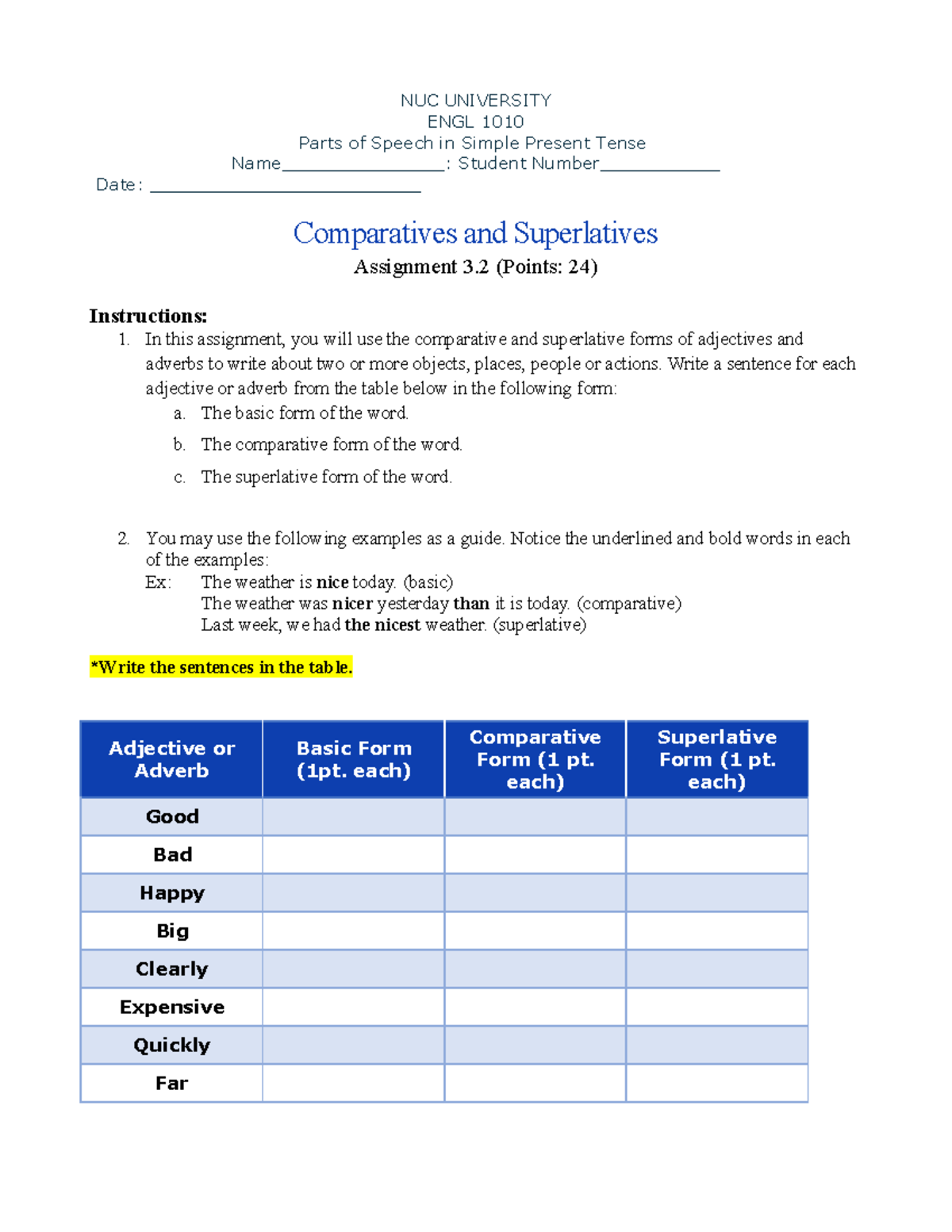 Worksheet 3.2 Comparatives AND Superlatives-1 - NUC UNIVERSITY ENGL ...