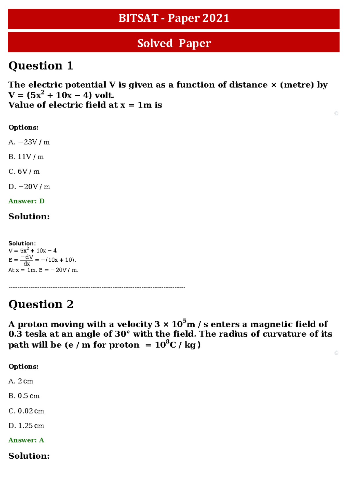BITSAT 2021 Solved Paper: Physics Questions and Solutions - Studocu