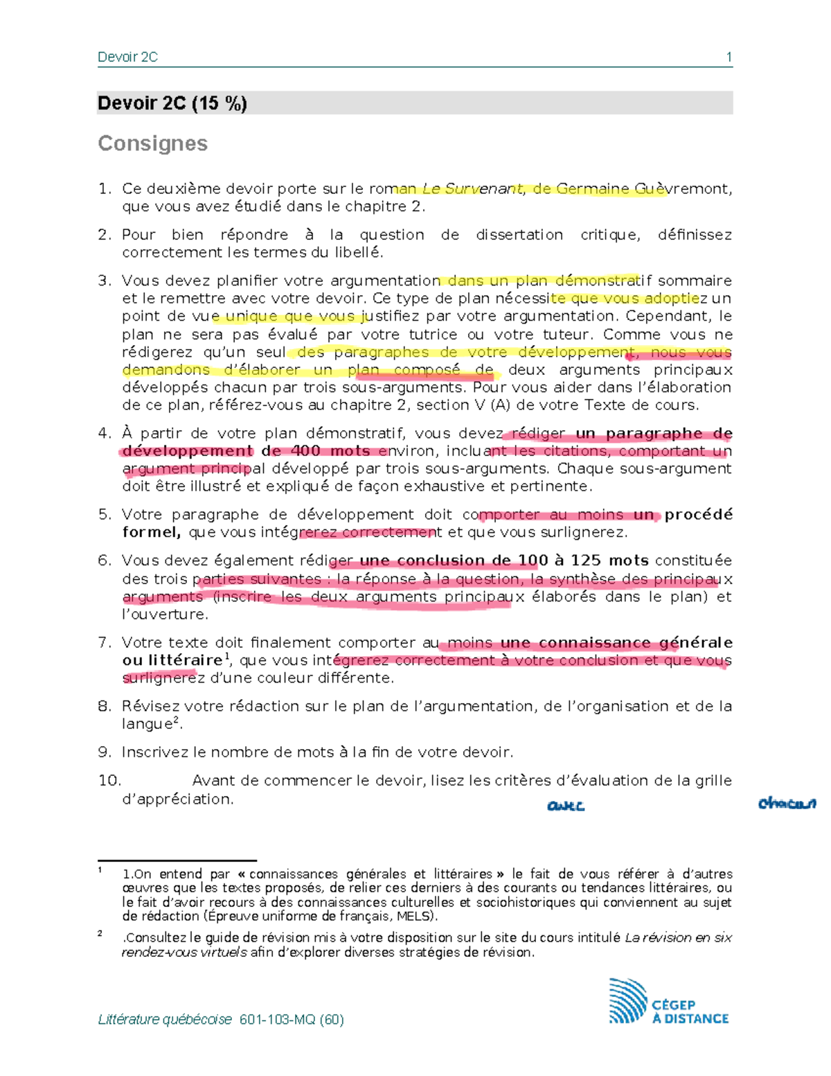 Devoir 2C: Analyse Critique du Roman "Le Survenant" (601-103-MQ) - Studocu