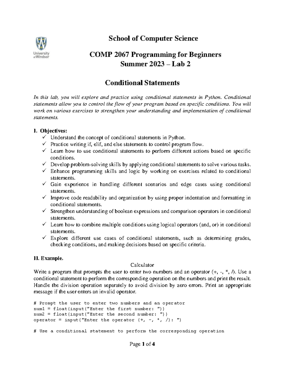 Lab 2 - COMP2067 - Exploring Conditional Statements in Python - Studocu