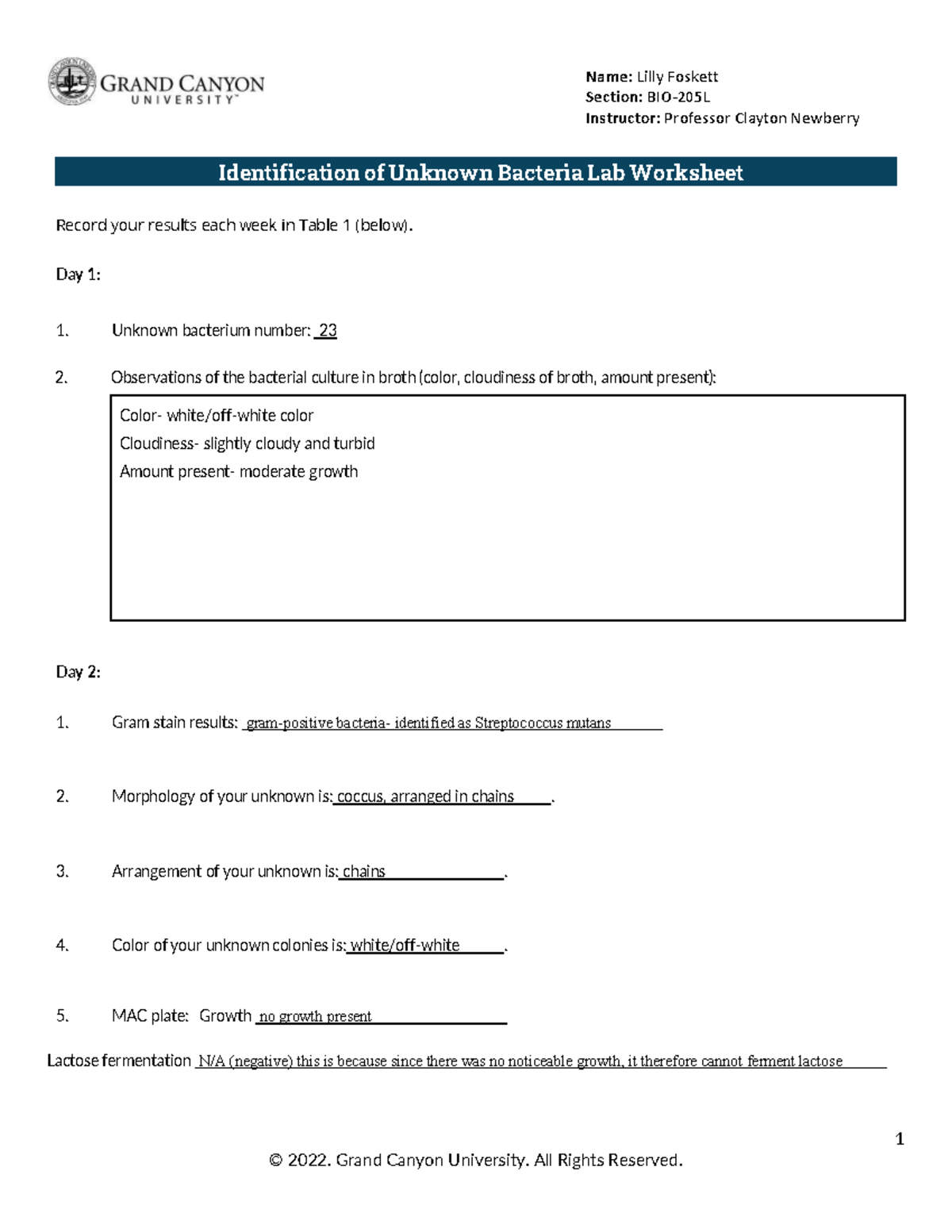 BIO-205L Final Lab Worksheet: Identification of Unknown Bacteria - Studocu