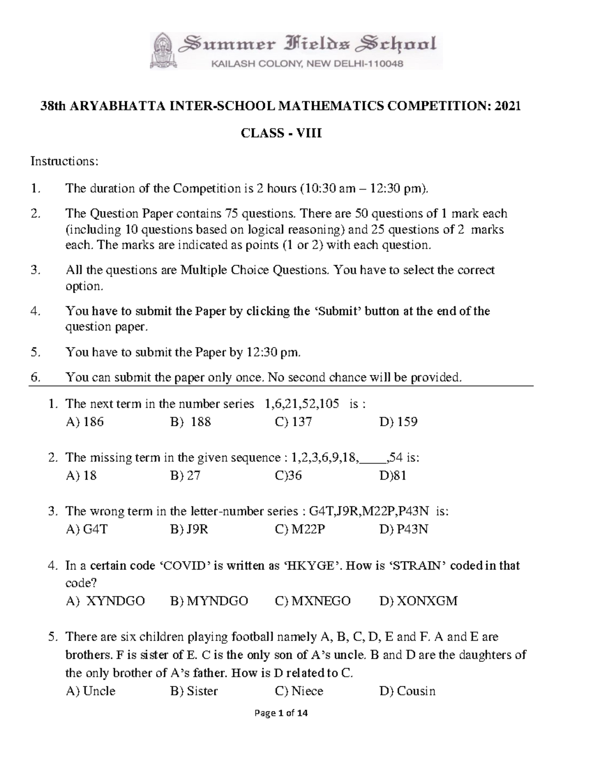Class VIII Aryabhatta 2021 Mathematics Competition QP - Studocu