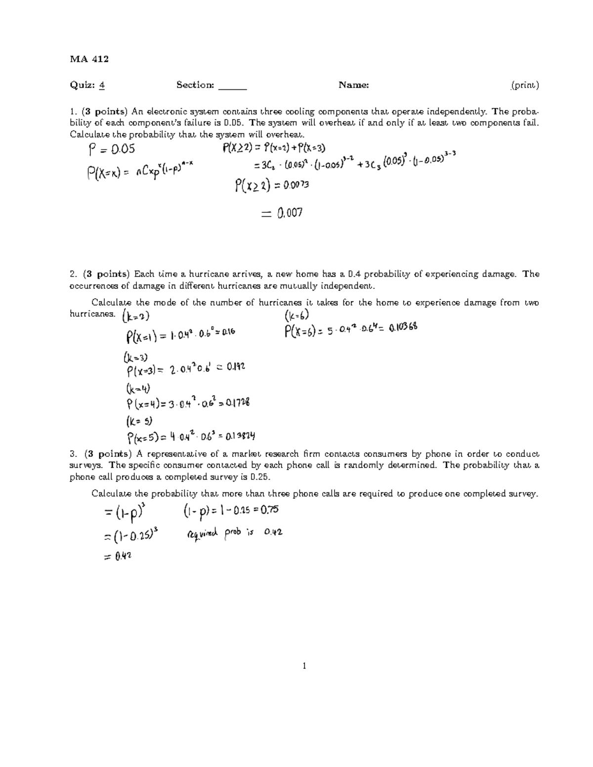 Quiz 4 Solutions for MA 412: Probability and Statistics Challenges ...