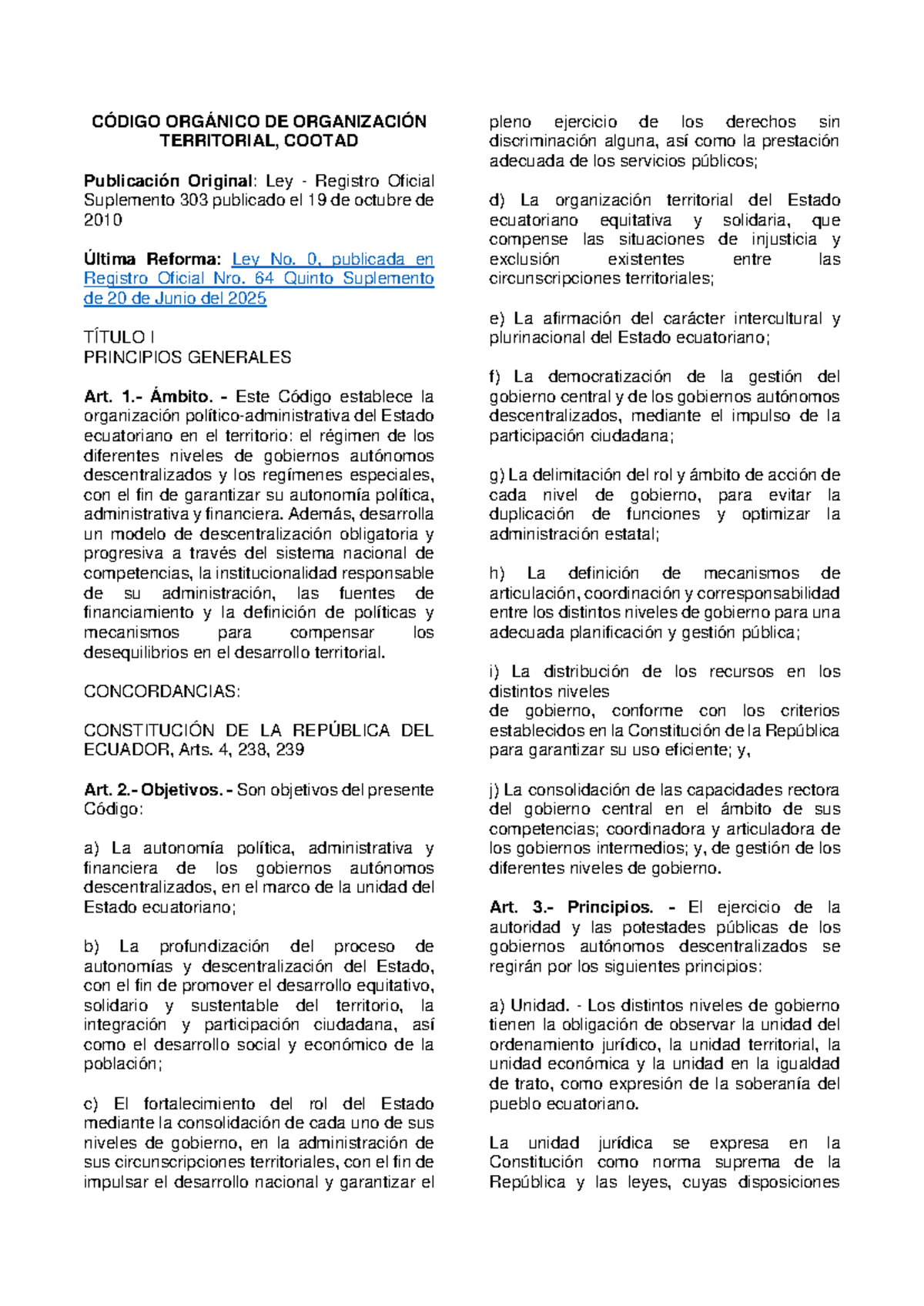 CÓDIGO ORGÁNICO DE ORGANIZACIÓN TERRITORIAL, COOTAD 2025 - Studocu