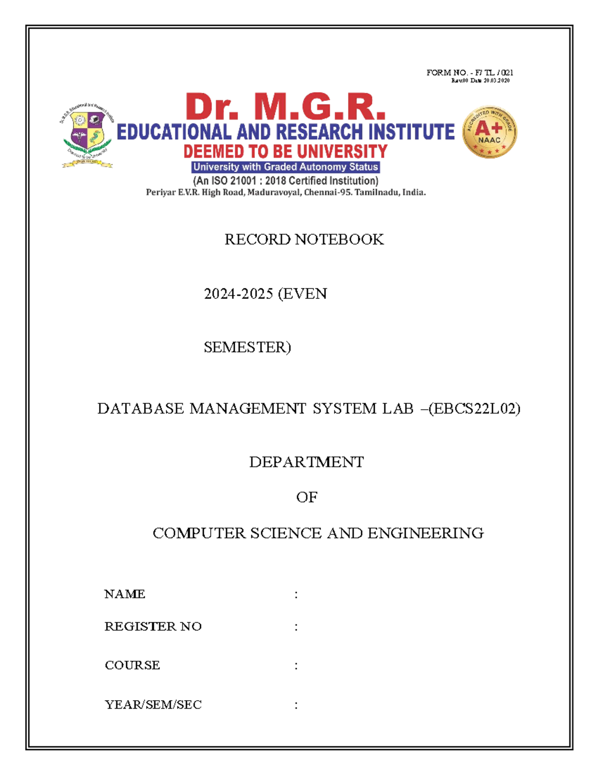 EBCS22L02 Database Management System Lab Record Notebook - Studocu