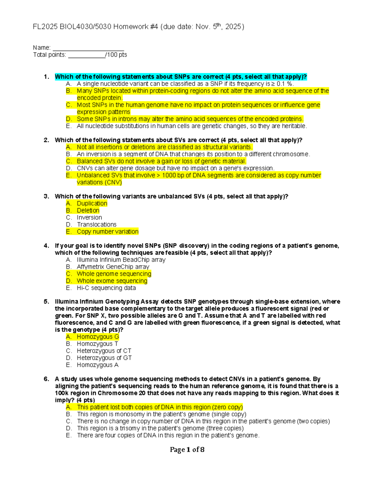 FL2025 BIOL4030/5030 Homework #4 - Studocu