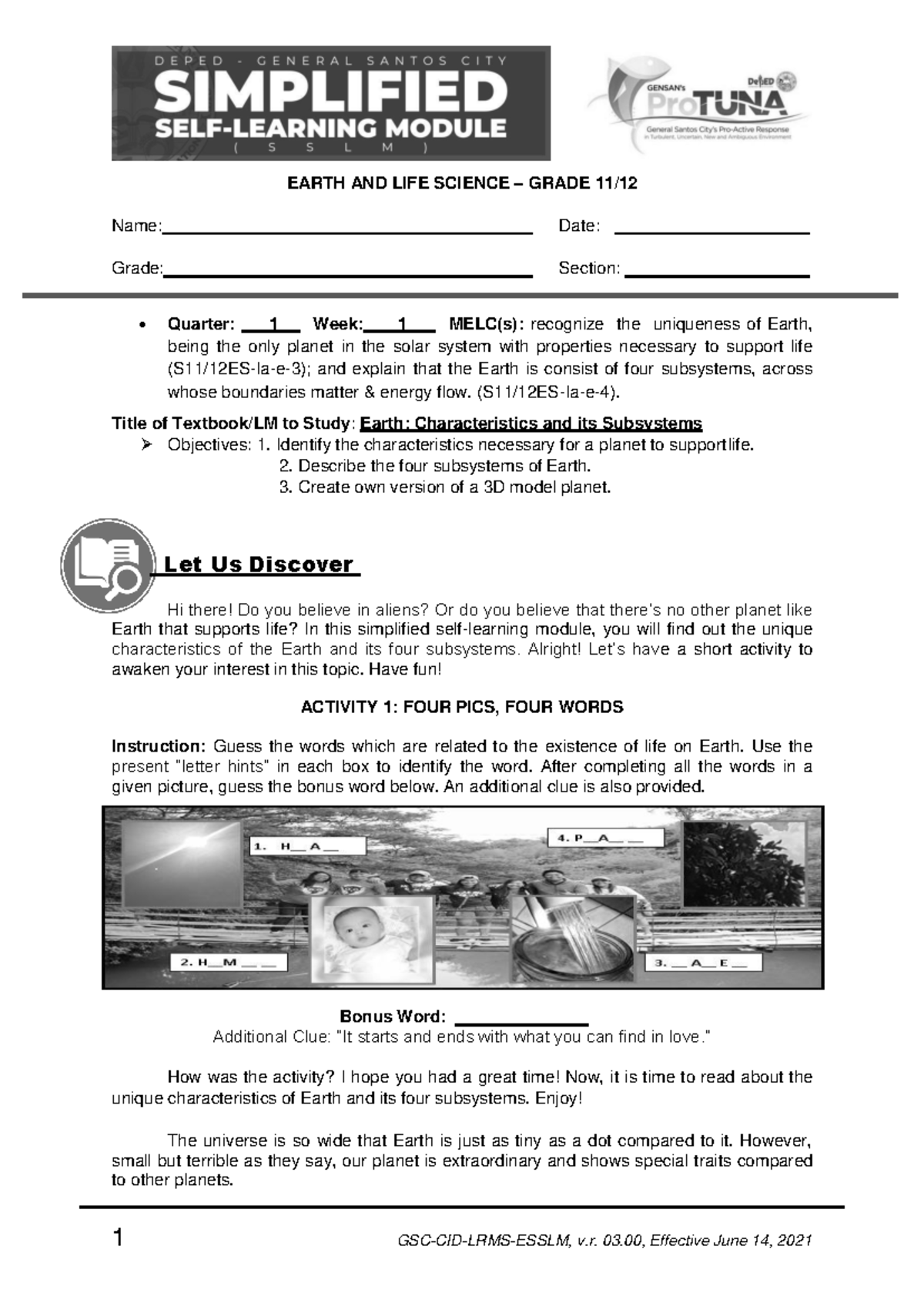Earth and Life Science G11: Module 1 for Quarter 1 Activities - Studocu