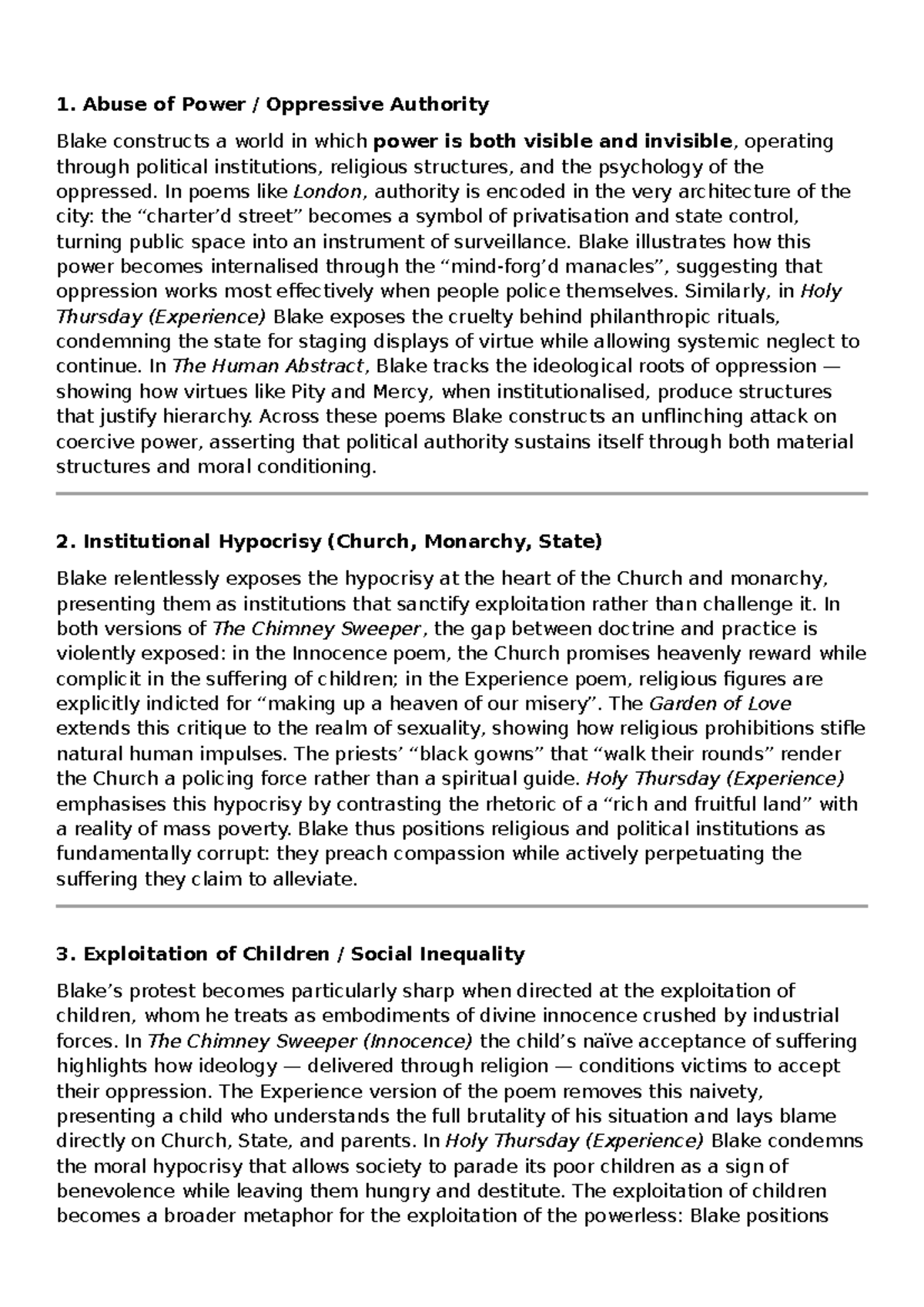 Blake's Critique of Power and Hypocrisy in Society (ENG 101) - Studocu