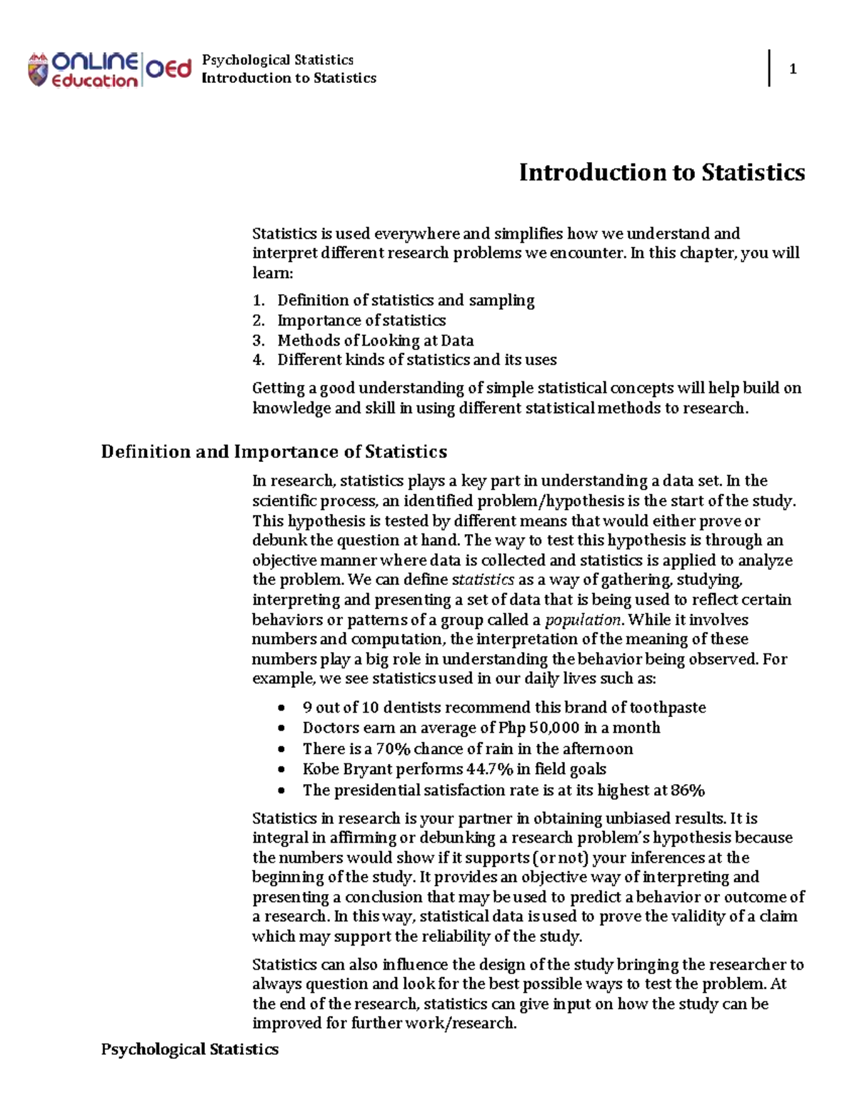 W1 Module - Intro to Psychological Statistics and Sampling Methods ...