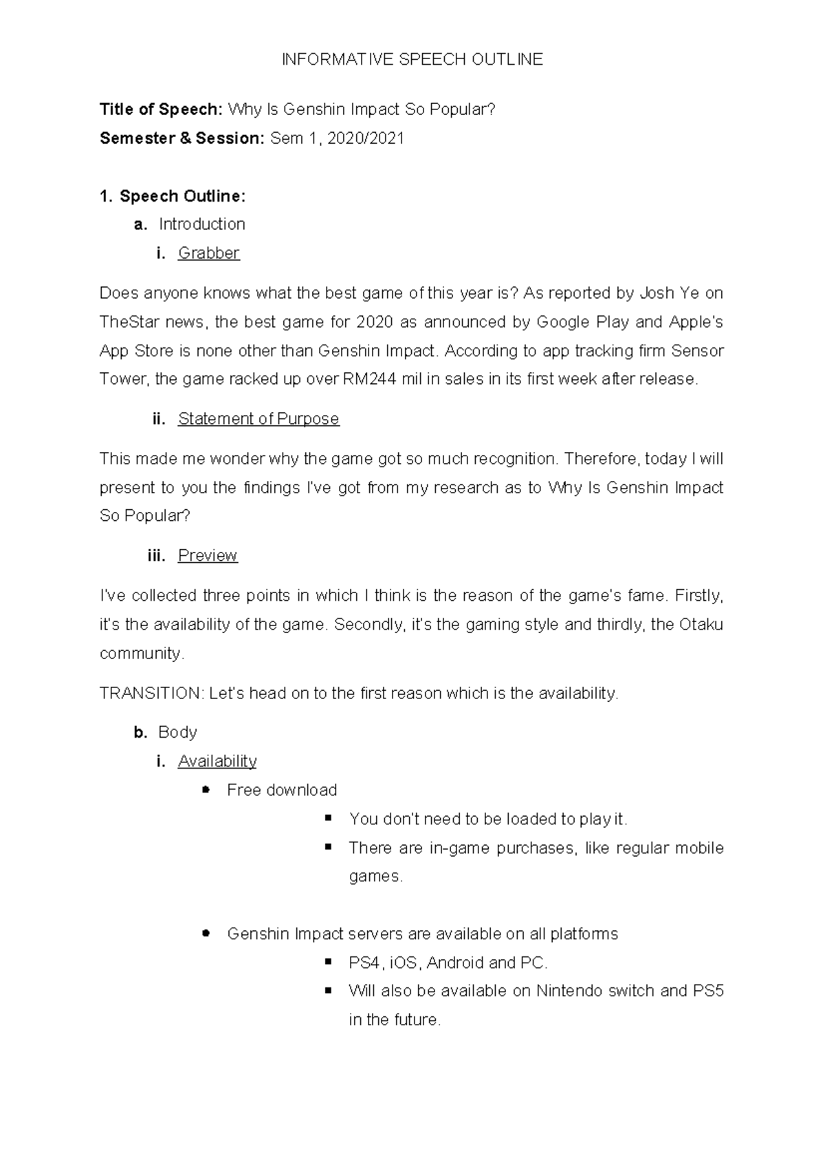 INFORMATIVE SPEECH OUTLINE: Why Genshin Impact Is So Popular? (Sem 1 ...
