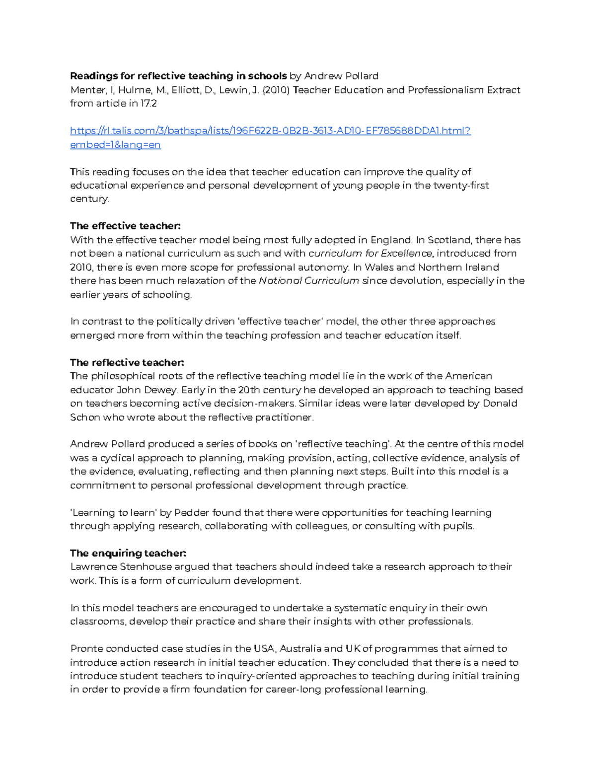 Reflective Teaching: Insights from Pollard's Readings on Educators ...
