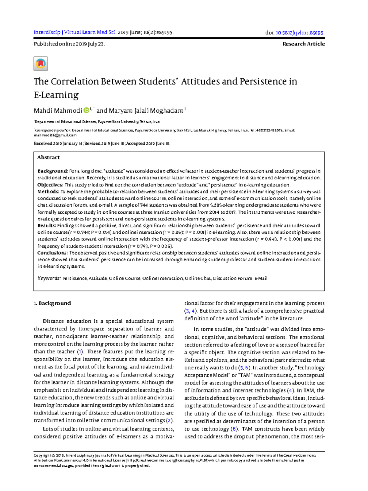 Correlation Between Students’ Attitudes & Persistence in E-Learning ...
