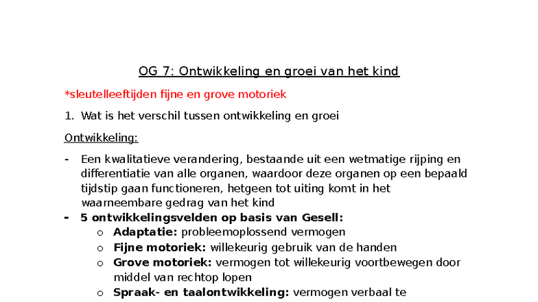 OG 7: Ontwikkeling en Groei van het Kind - Motoriek en Fases - Studocu