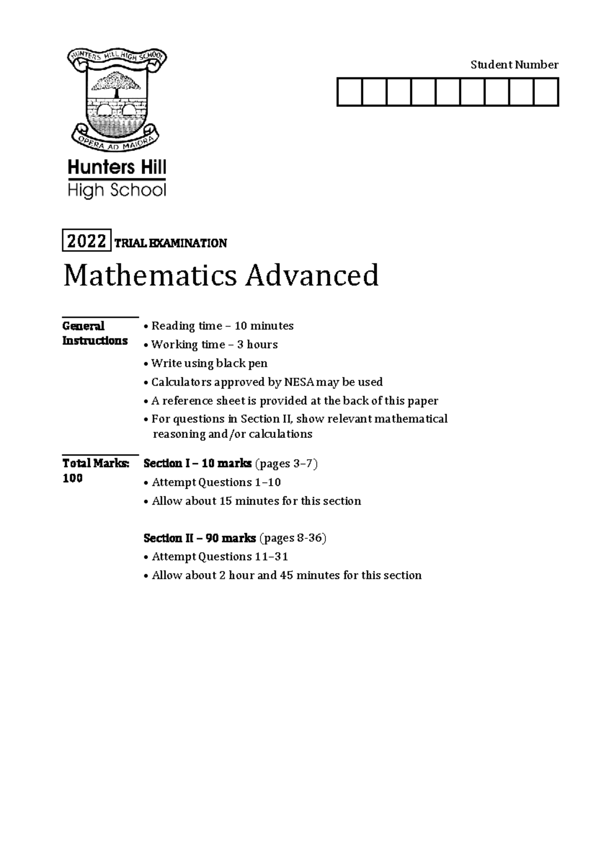 Mathematics Advanced HSC Trial Exam 2022 Solutions - Studocu