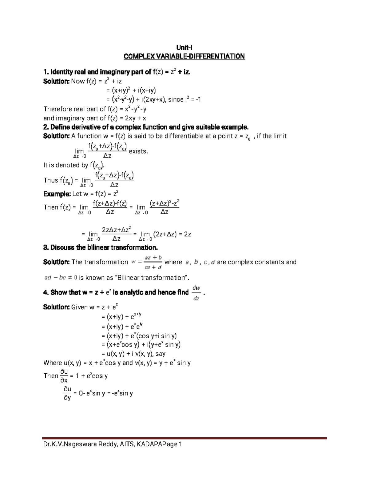 Unit I: Complex Variable Differentiation - Key Concepts and Examples ...