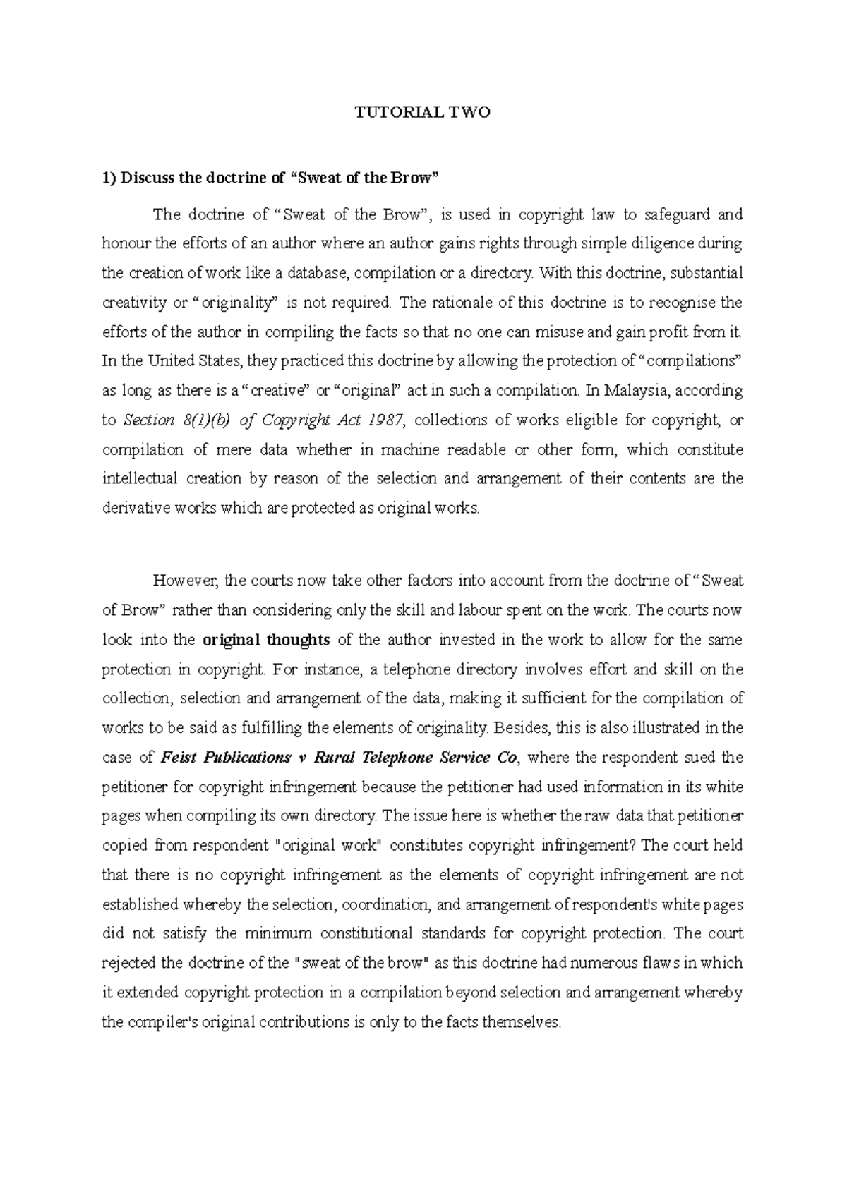 Tutorial 2 - Doctrine of “Sweat of the Brow”, - TUTORIAL TWO Discuss ...