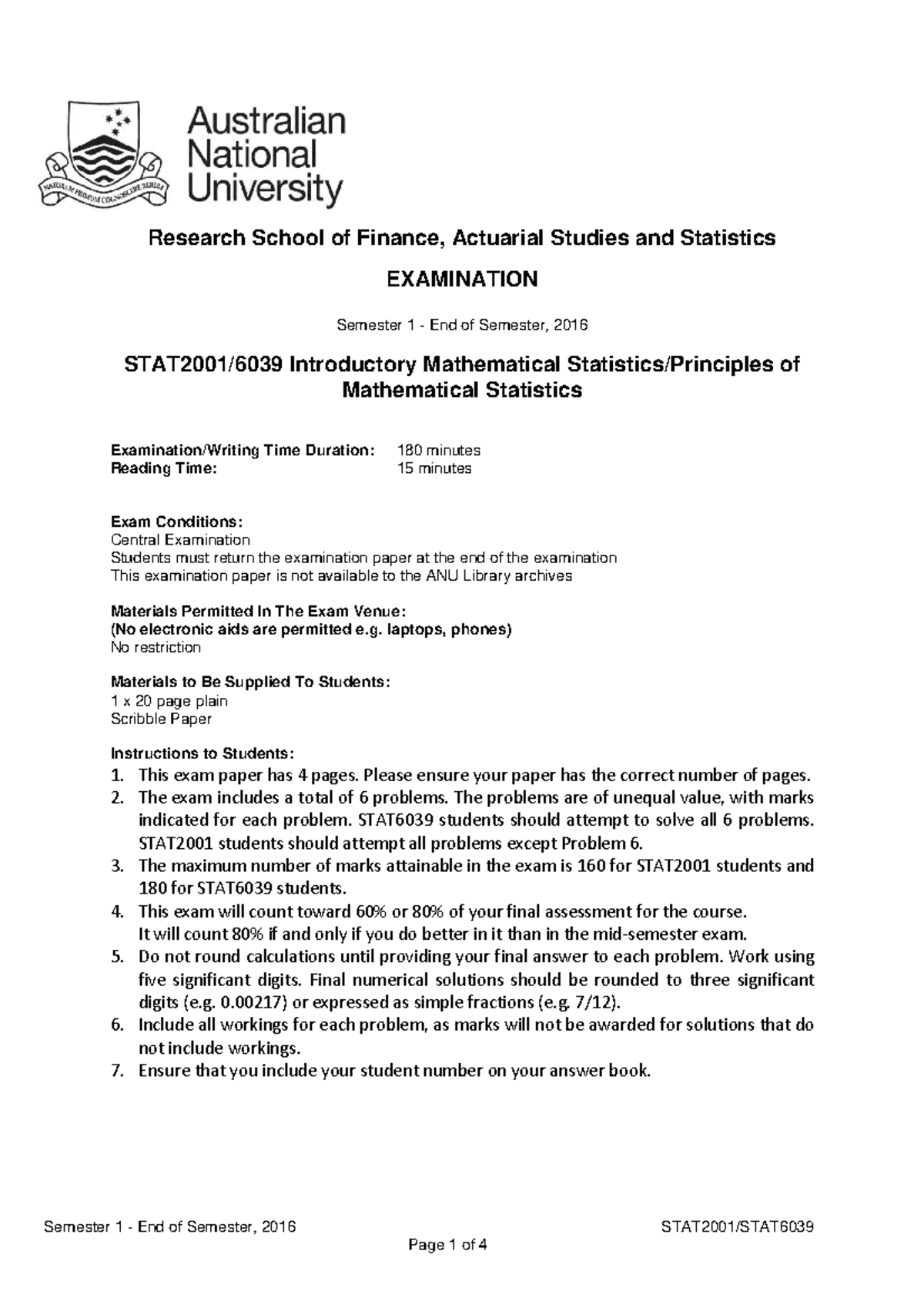 Final Exam 2016: STAT2001/STAT Questions and Solutions - Studocu