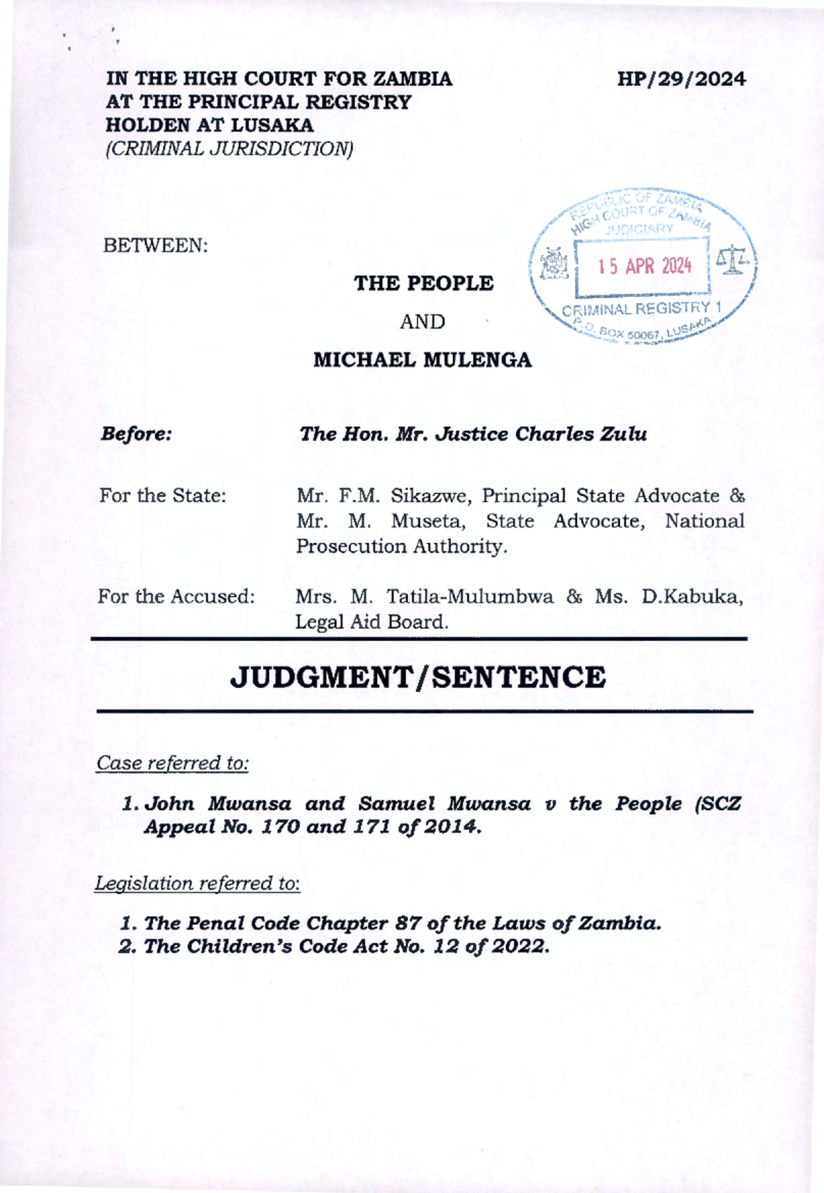 The People v. Michael Mulenga: Aggravated Robbery Case Analysis - Studocu