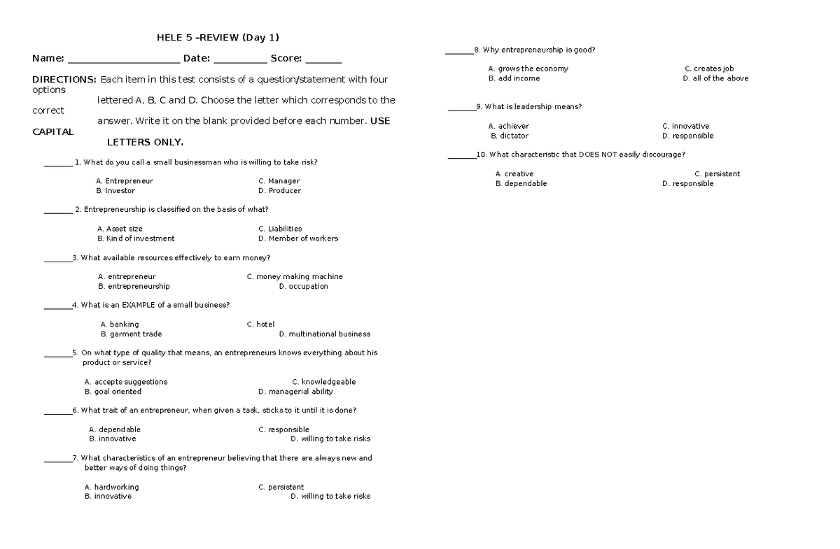 HELE 5 - Day 1 Drill Activity Review Questions - Studocu