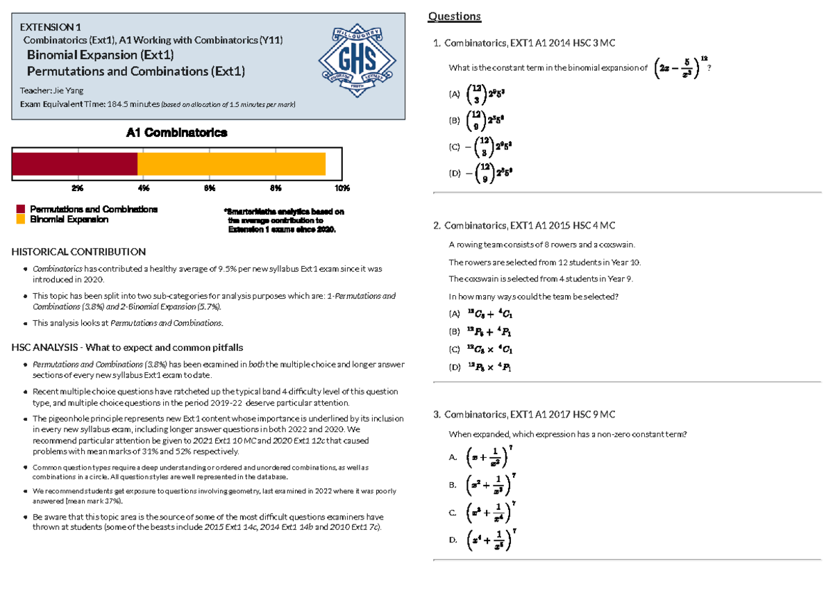 HSC A1 Combinatorics: Working with Binomial Expansion & Permutations ...
