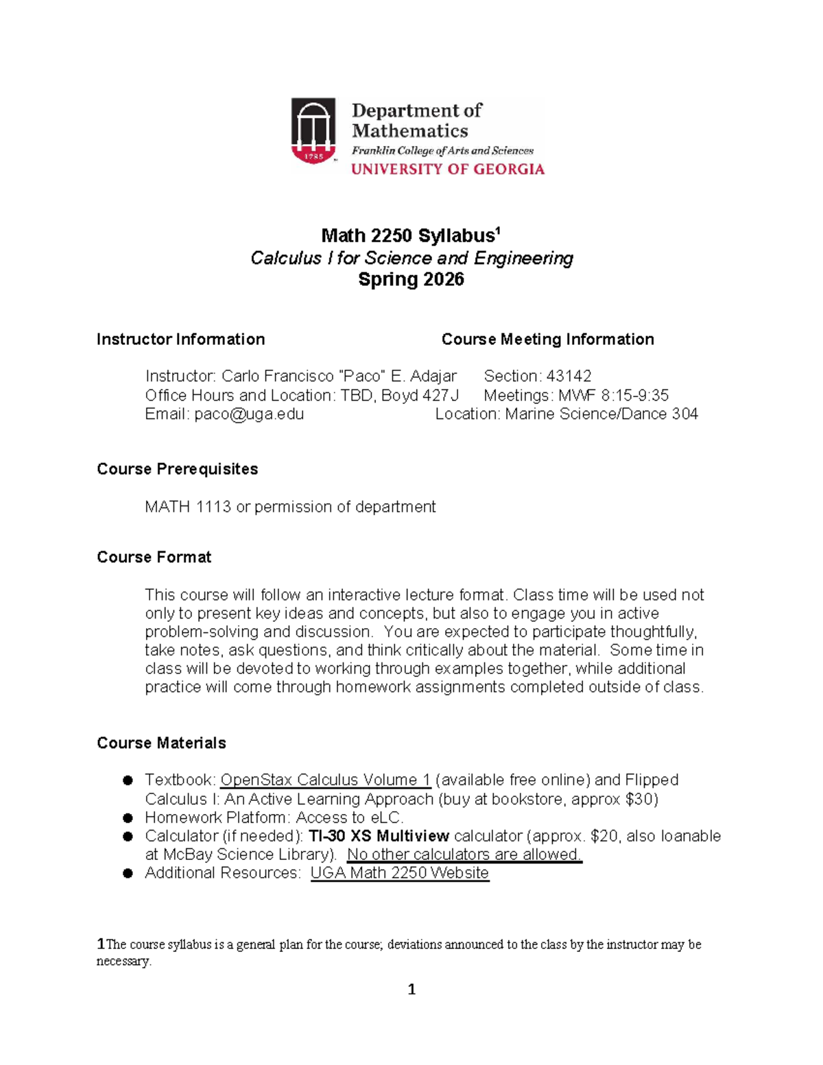 Math 2250 Syllabus Calculus I For Science Engineering Spring 2026