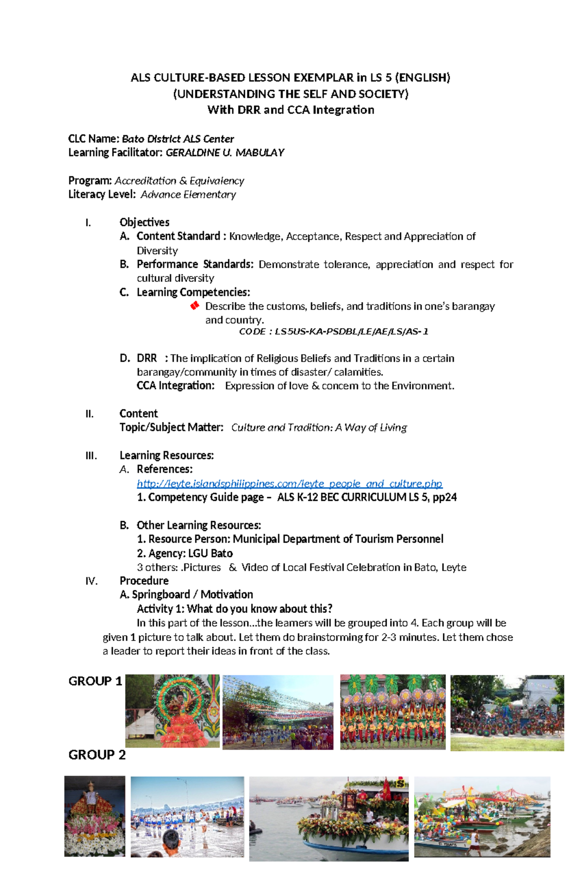 ALS LS 5 Lesson Exemplar: Understanding Culture & Society with DRR/CCA ...