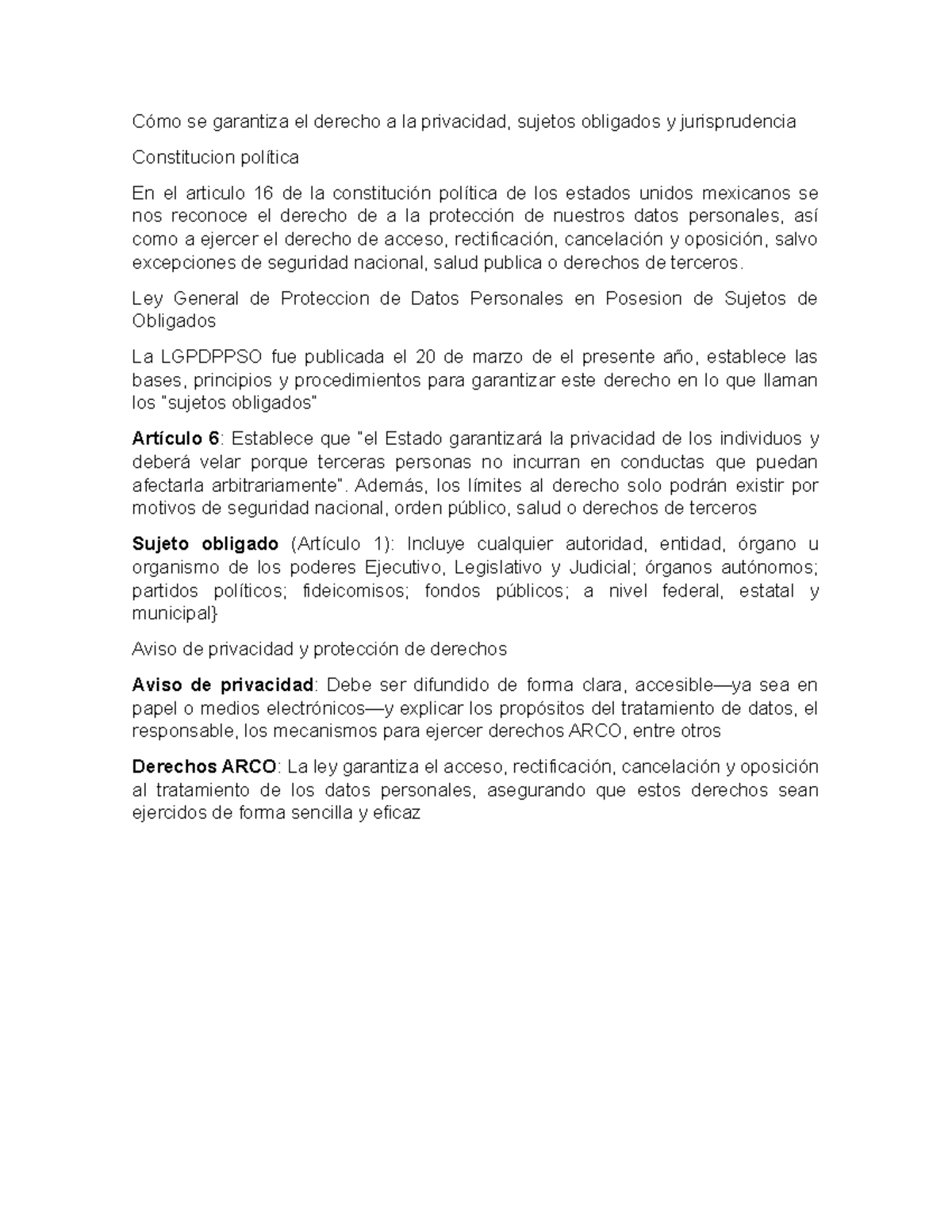 Derechos Humanos y Privacidad: Análisis de la LGPDPPSO - Studocu