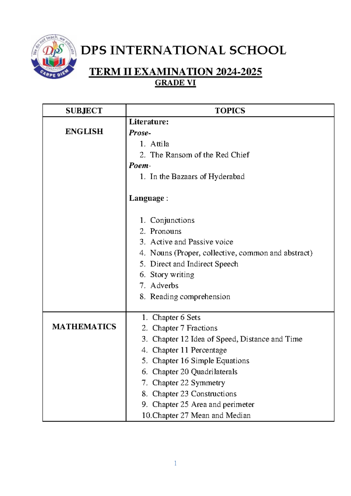 DPS International School Term II Exam: Grade VI English & Math Test ...