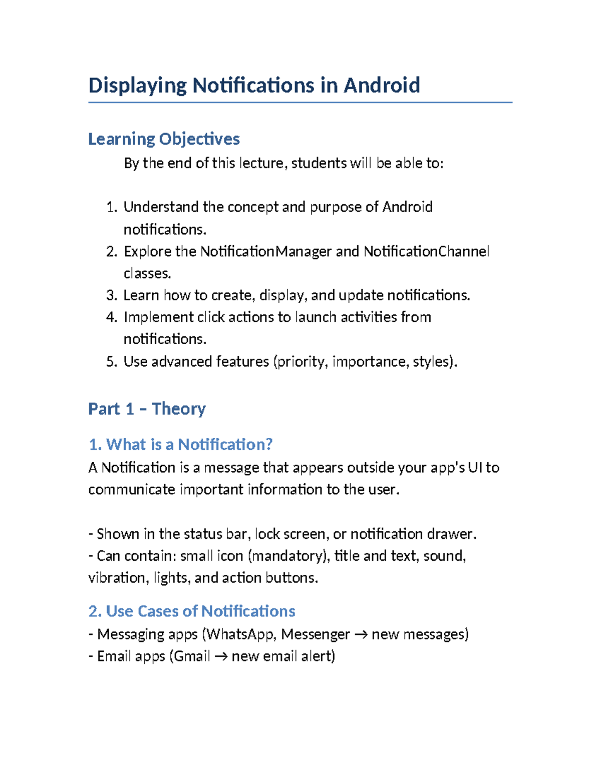 Lecture 6: Displaying Notifications in Android - Learning Objectives - Studocu