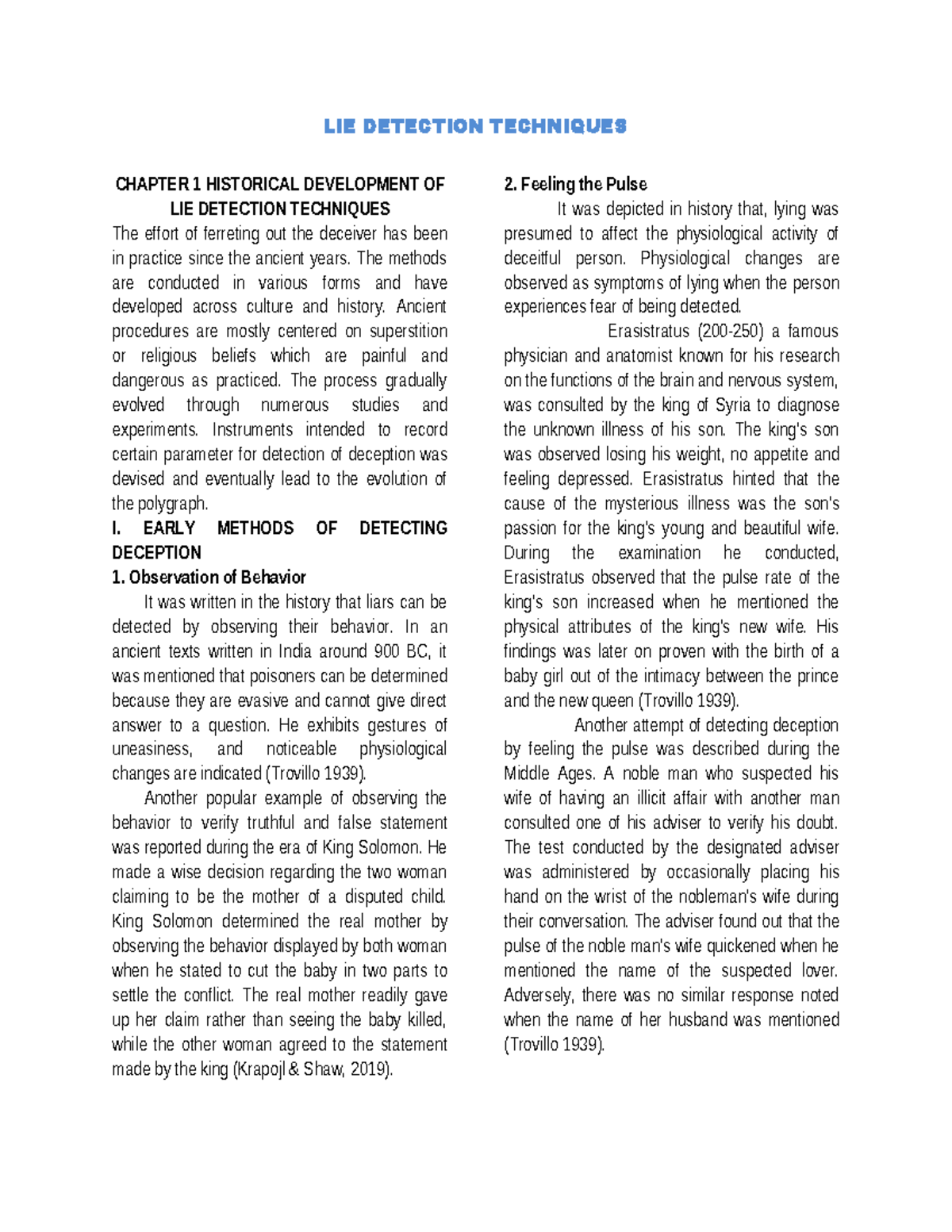 LIE DETECTION TECHNIQUES (LIE 101): HISTORICAL DEVELOPMENT AND METHODS ...