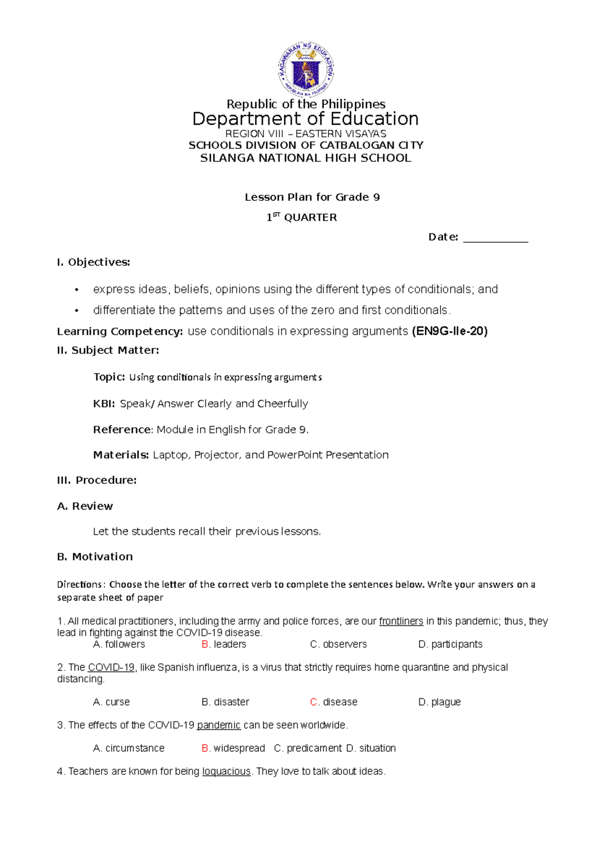 Lesson Plan for Grade 9 (EN9G-IIe-20): Conditionals in Arguments - Studocu
