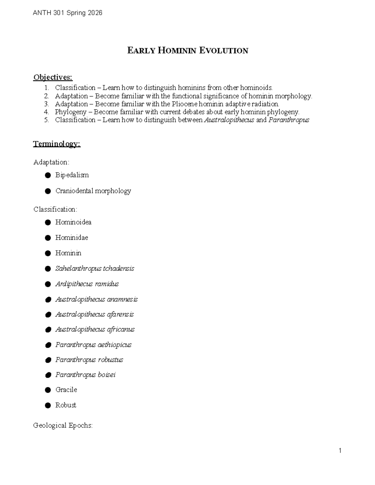 ANTH 301 Spring 2026 Early Hominin Evolution Lab Notes - Studocu