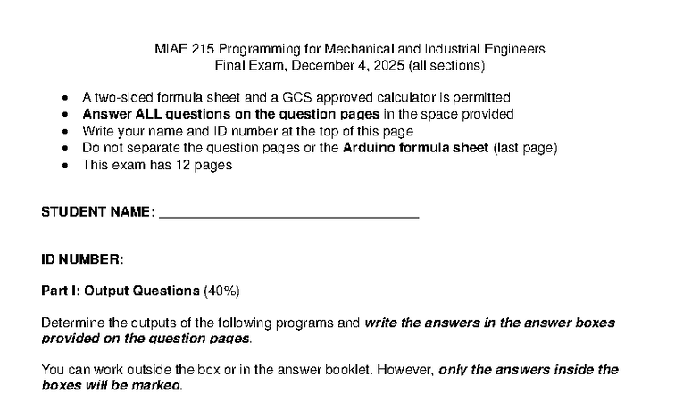 MIAE 215 Final Exam Format for Programming in Mechanical Engineering ...