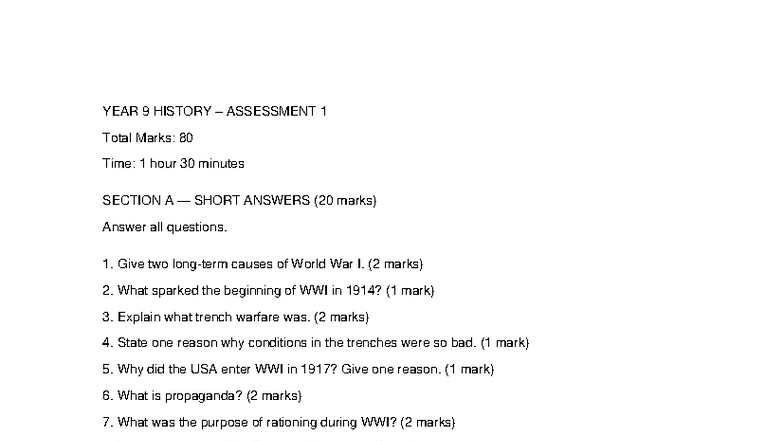 YEAR 9 HISTORY ASSESSMENT 1: WWI & Interwar Years Mock Exam - Studocu