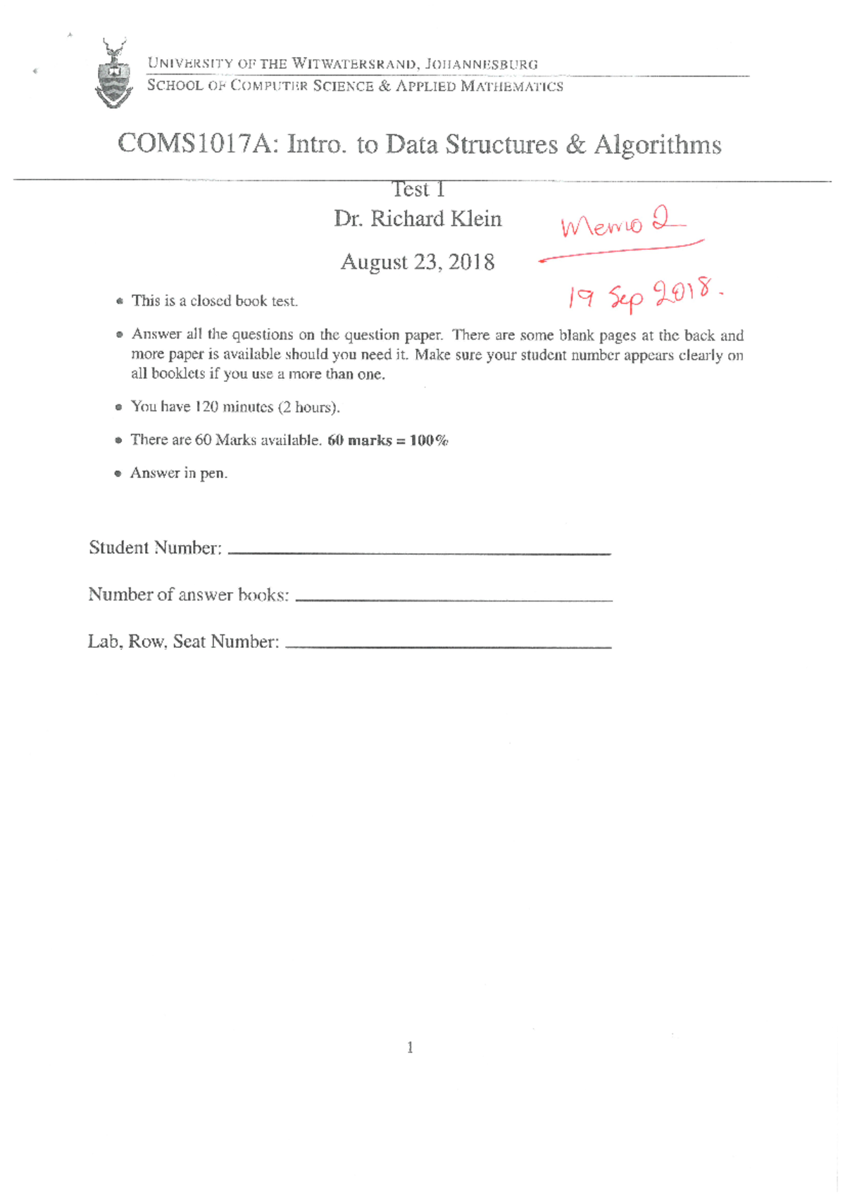 Test1-2018-memo - 2018 final year paper for Data steuctures - Coms1018 ...