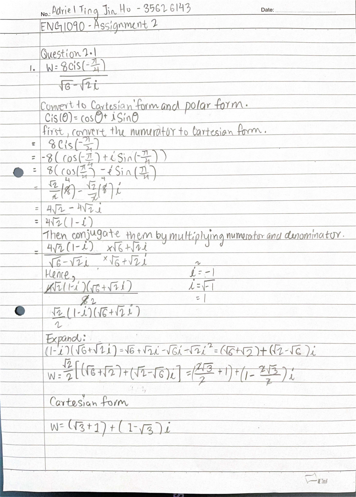 ENG1090 - Assignment 2: Cartesian and Polar Form Conversions - Studocu