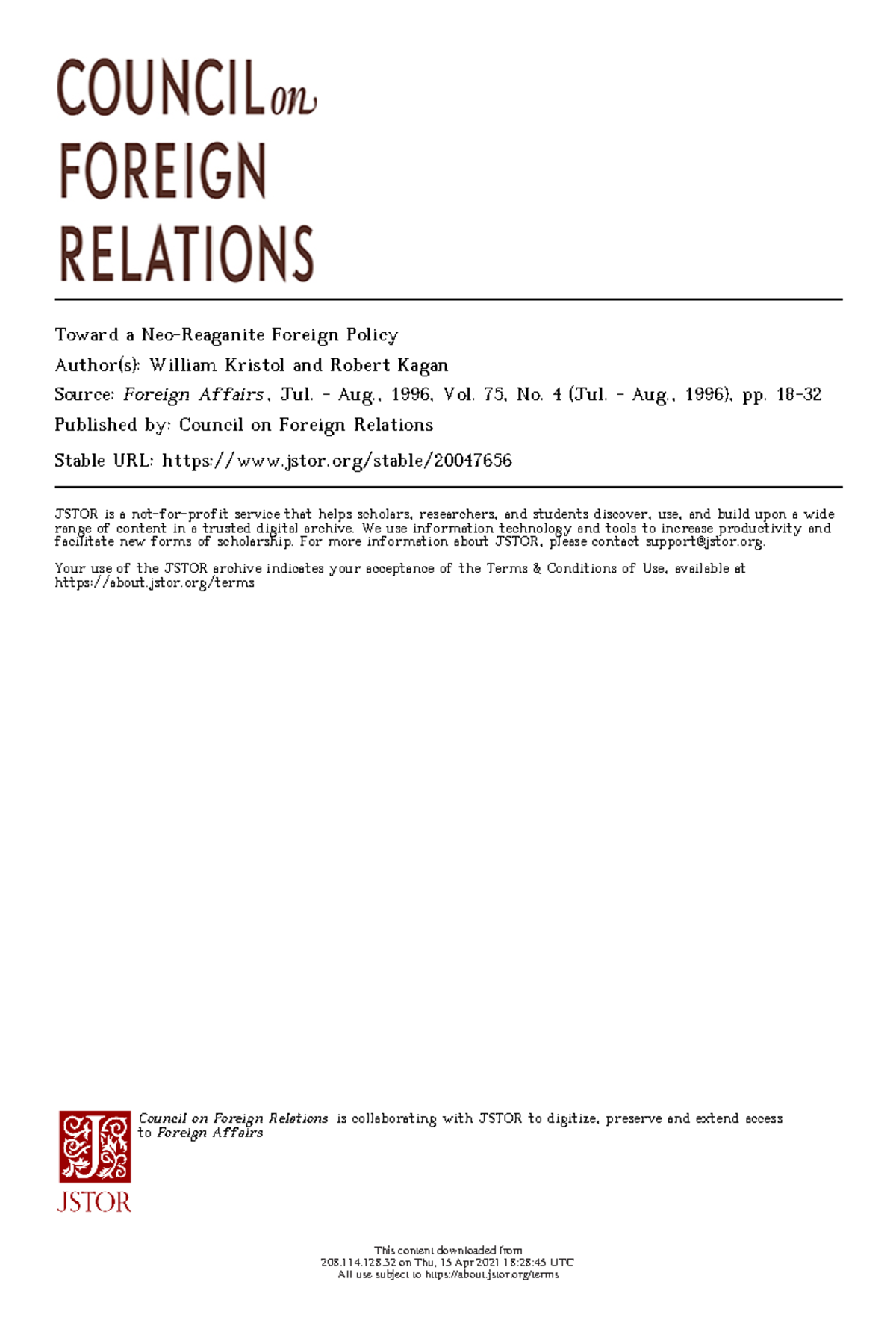 Week 4 Reading 1 Kristol & Kagan Toward a Neo-Reaganite Foreign Policy ...