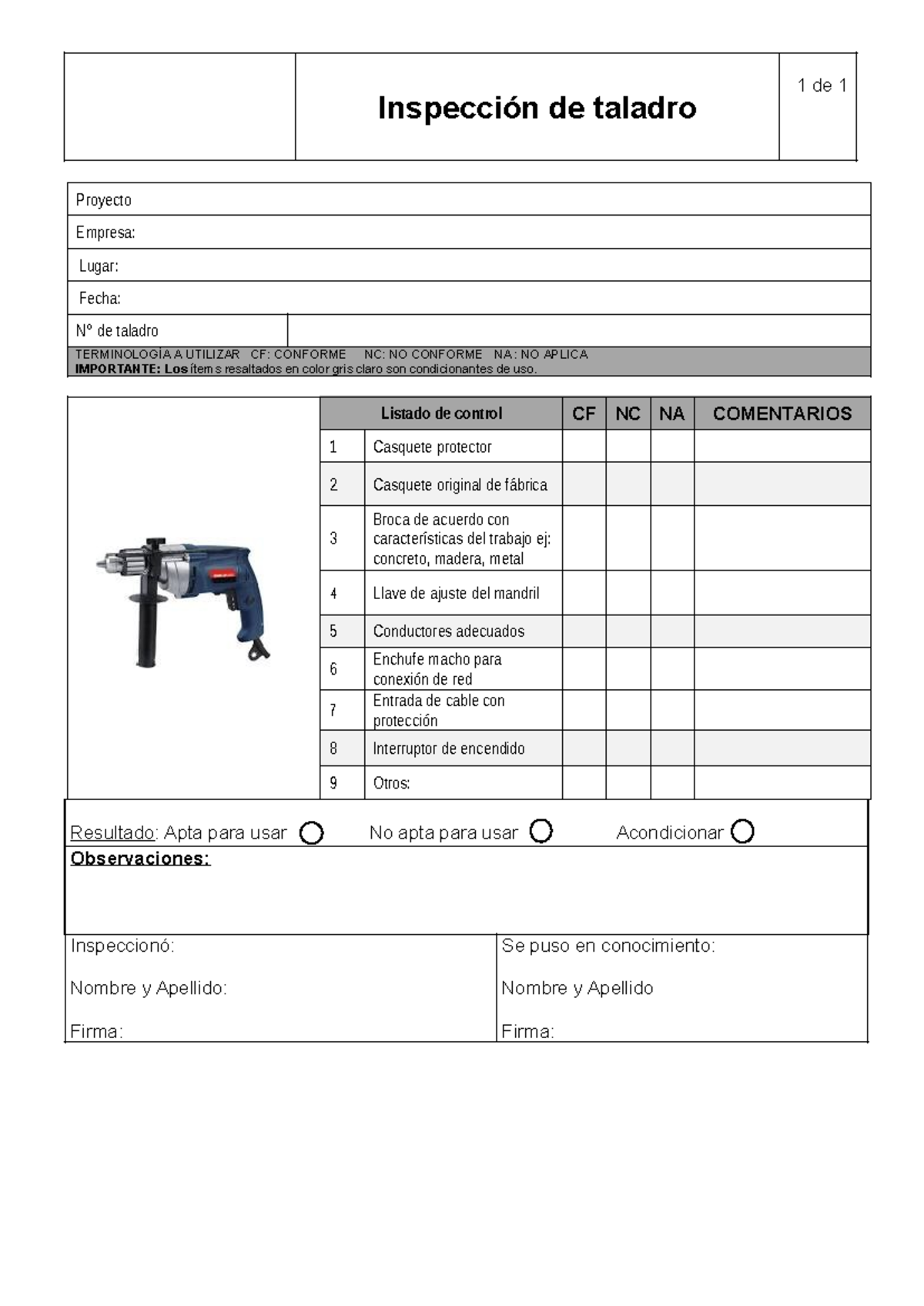 HSE-F28 Rev. 1 Inspección de Taladro: Listado de Control y Resultados ...